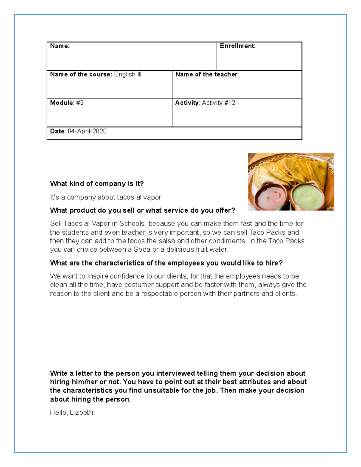 Acitivy 12 - Actividad 12 Ingles lll - Name: Enrollment: Name of the ...