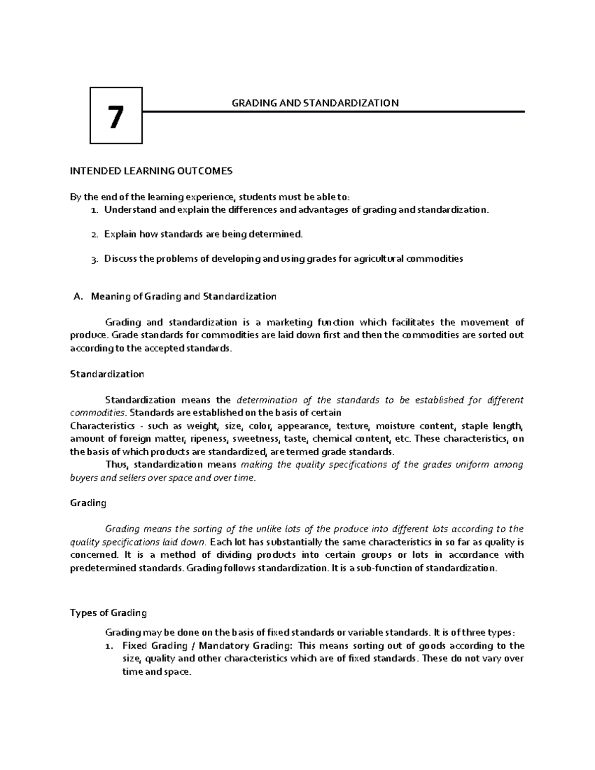 7 Grading AND Standardization - GRADING AND STANDARDIZATION INTENDED ...