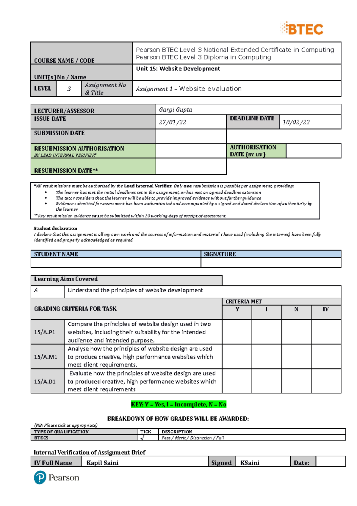Assignment 15.1 2021-22 - COURSE NAME / CODE Pearson BTEC Level 3 ...