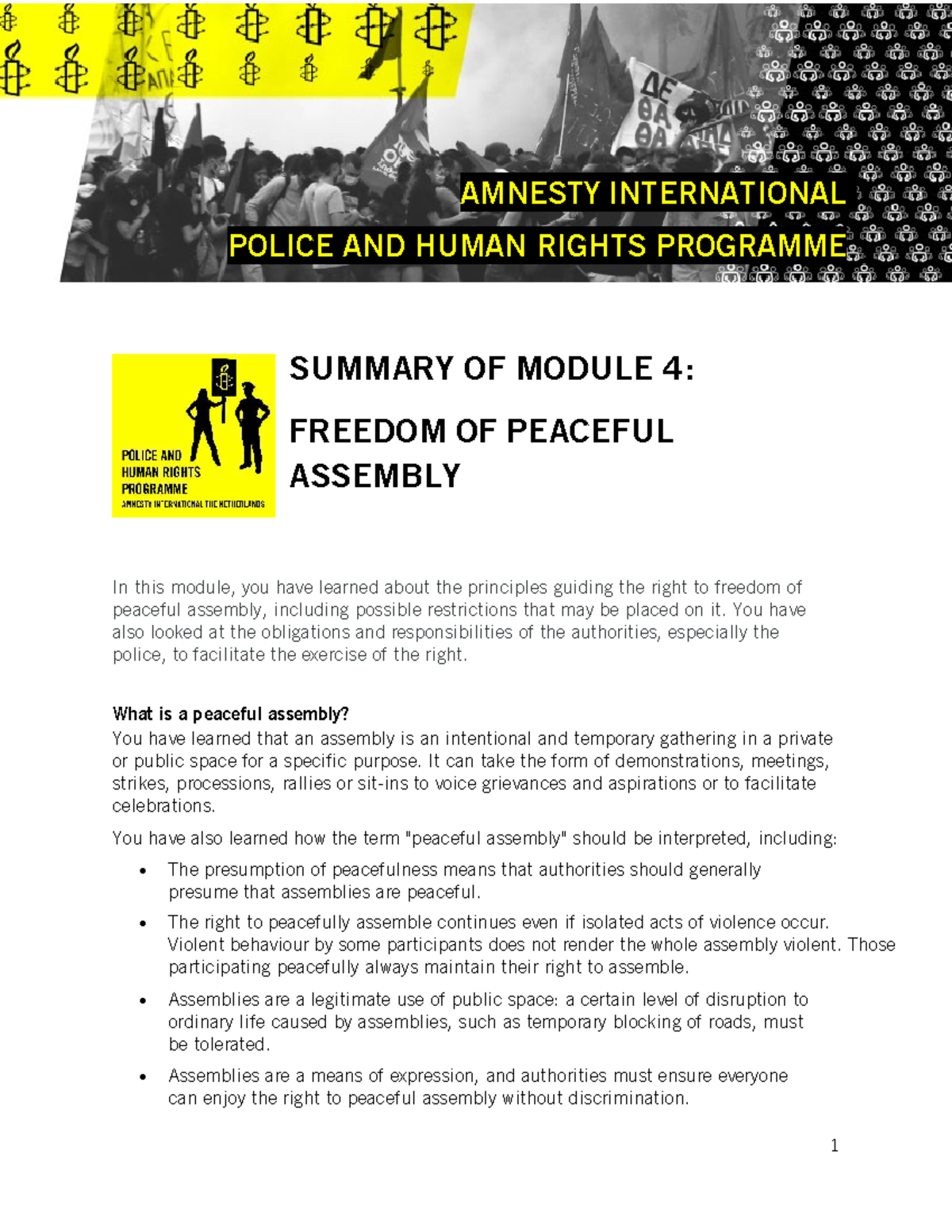 Summary of Peaceful assembly - SUMMARY OF MODULE 4: FREEDOM OF PEACEFUL ...