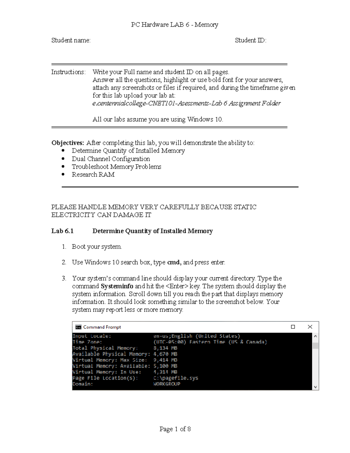 LAB 6 - Memory - Week 6 lab manual asdg asd asdasd asd as - Student ...