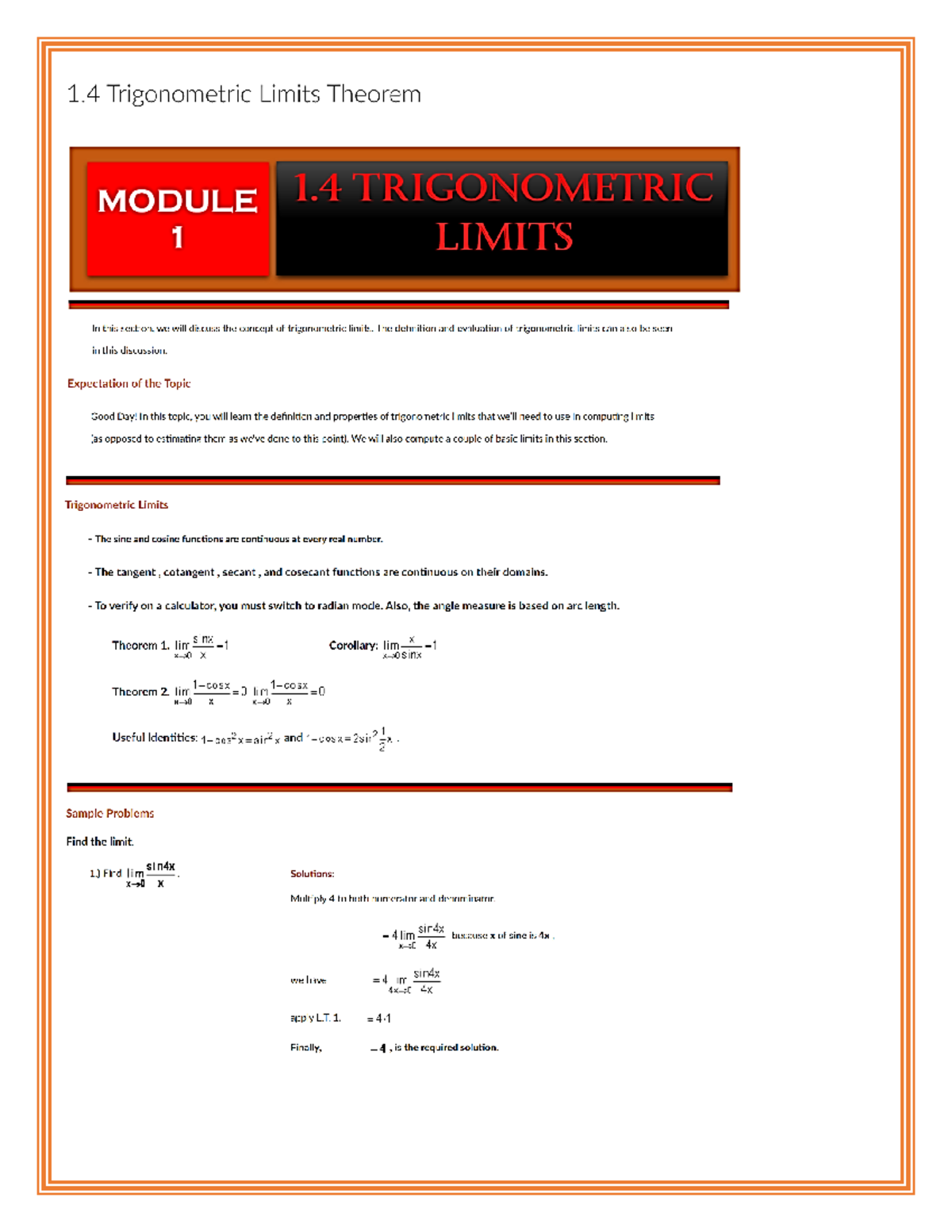 Download 1.4 Trigonometric Limit Theorems - Calculus 1 - Studocu