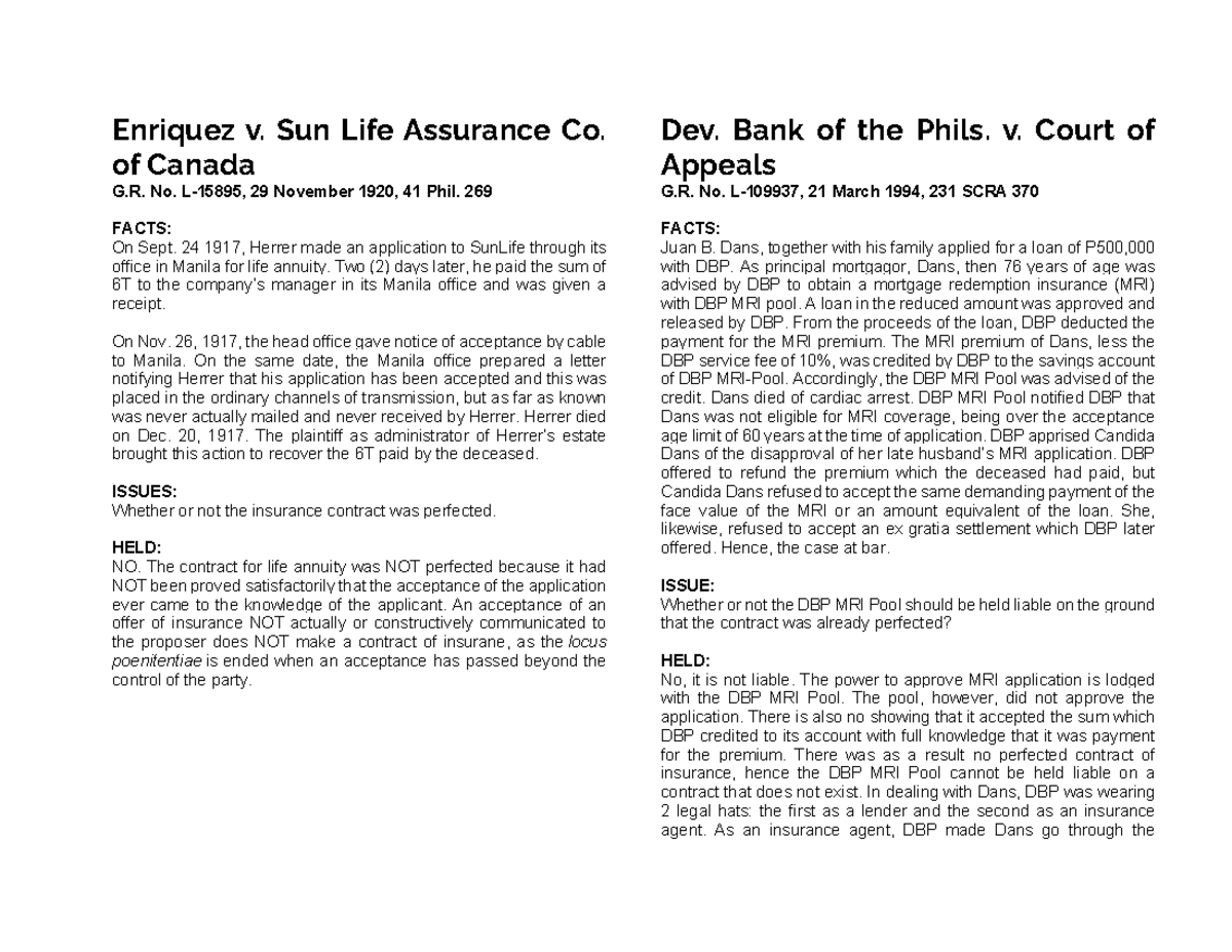 Insurance Cases Chapter 2 5 - Enriquez v. Sun Life Assurance Co. of ...