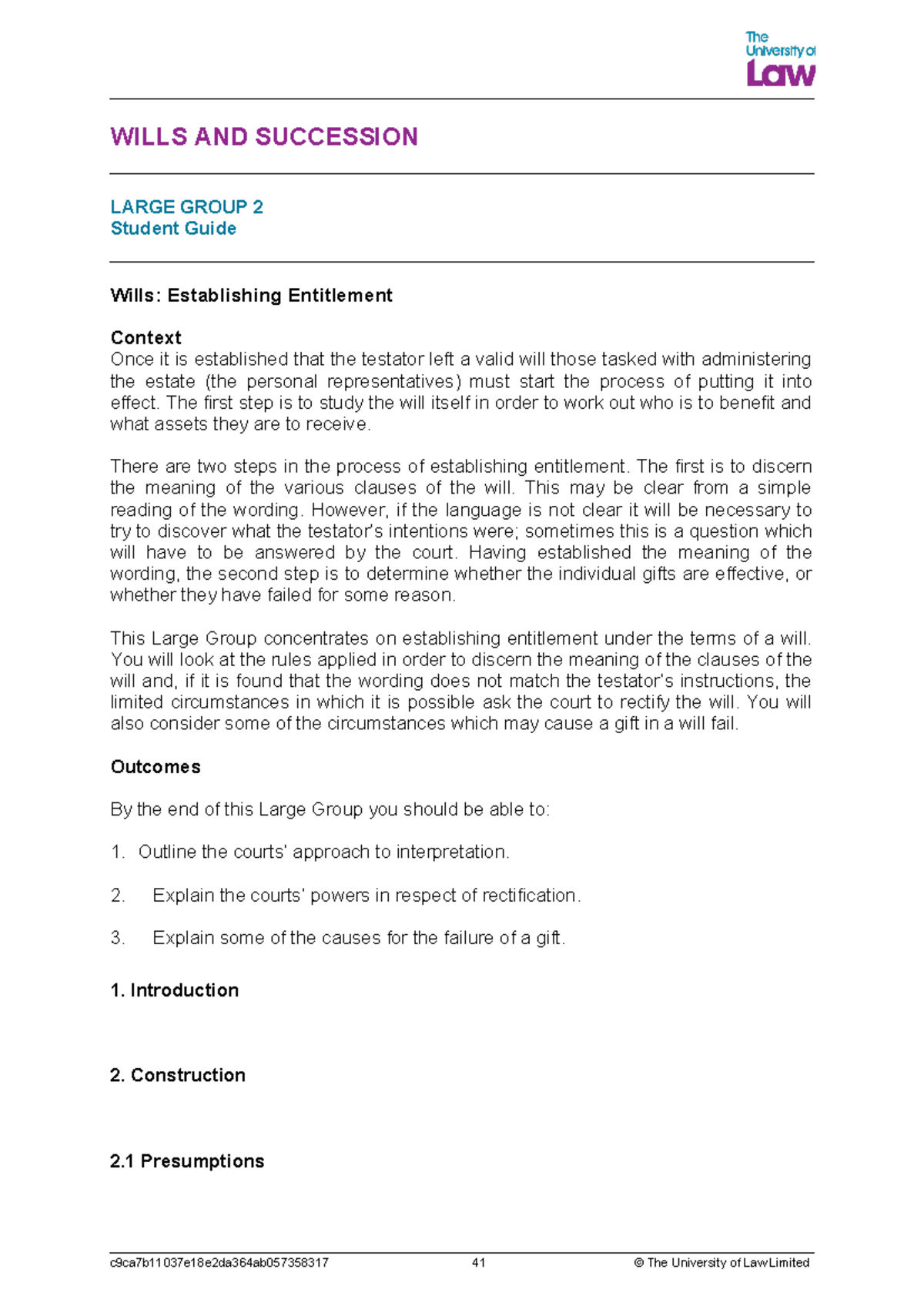 SG 2 - Student guide 2 for workshop 2 wills and succession - WILLS AND ...