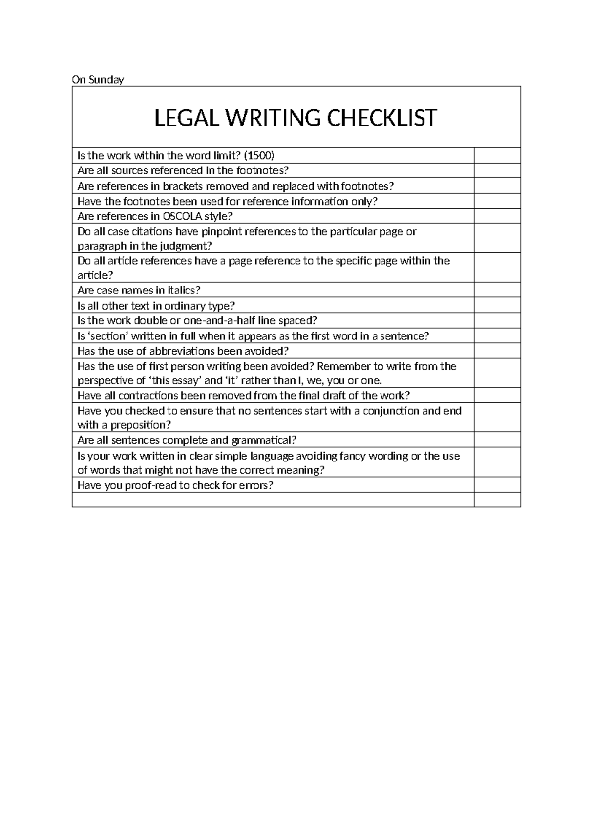 Legal Writing Checklist - On Sunday LEGAL WRITING CHECKLIST Is the work ...