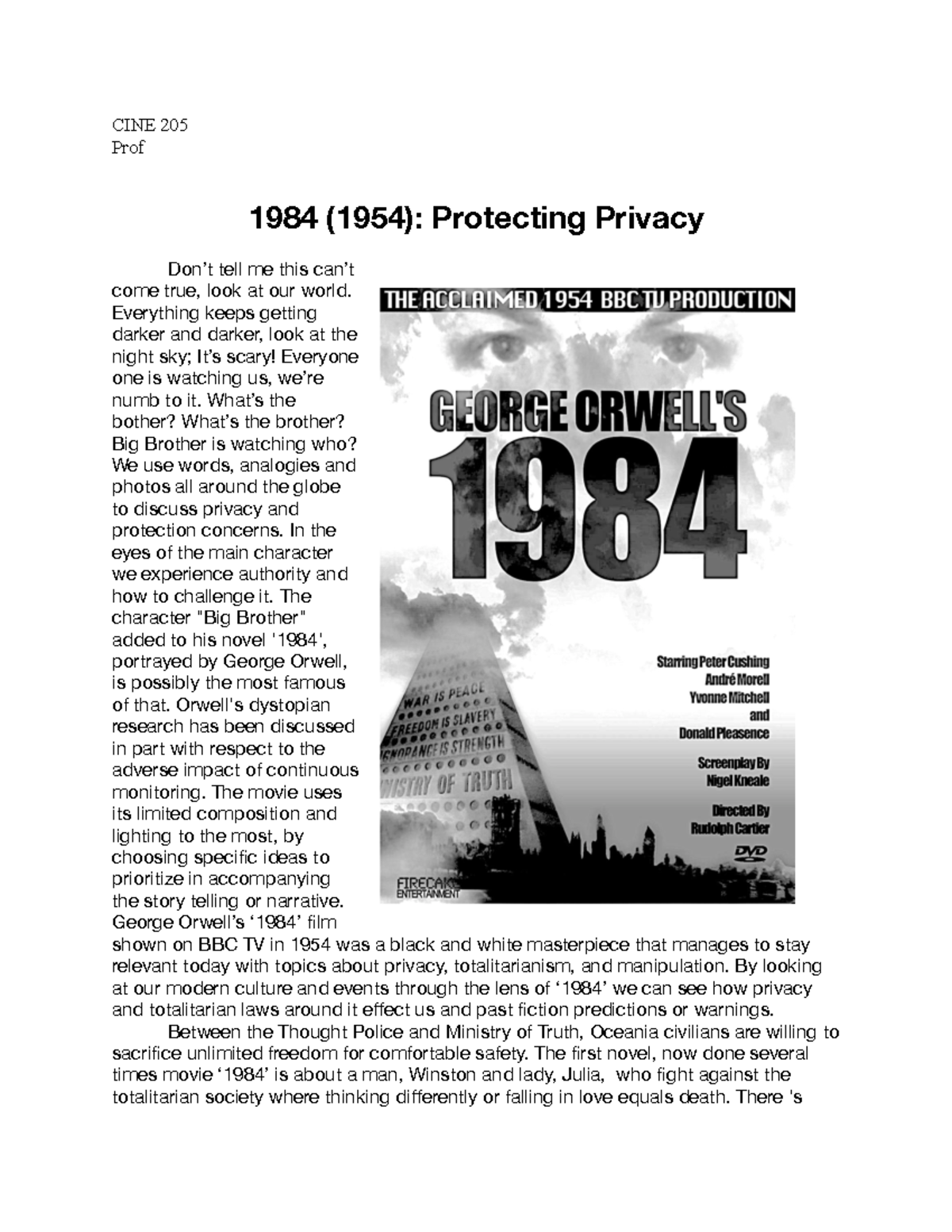 1984 - analysis on 1984 - CINE 205 Prof 1984 (1954): Protecting Privacy ...
