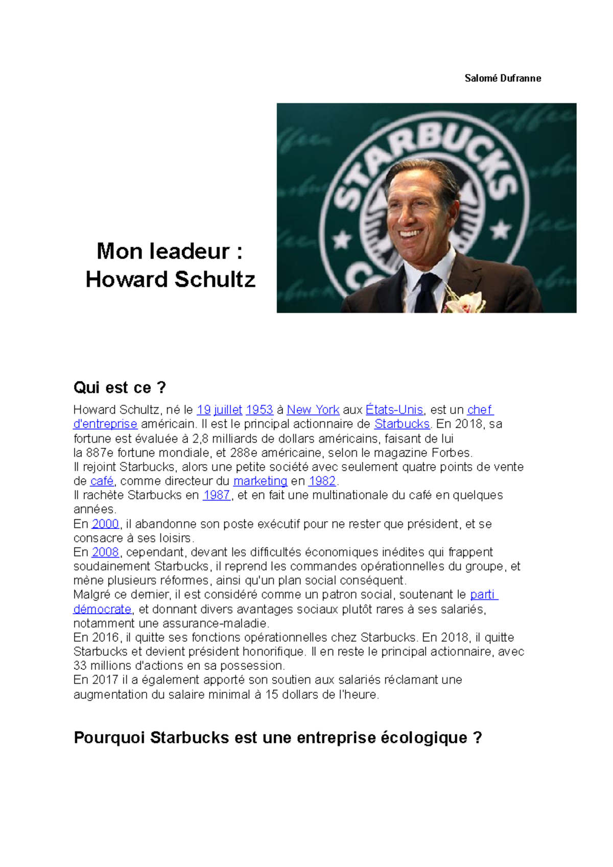 Mon leadeur - Salomé Dufranne Mon leadeur : Howard Schultz Qui est ce ...
