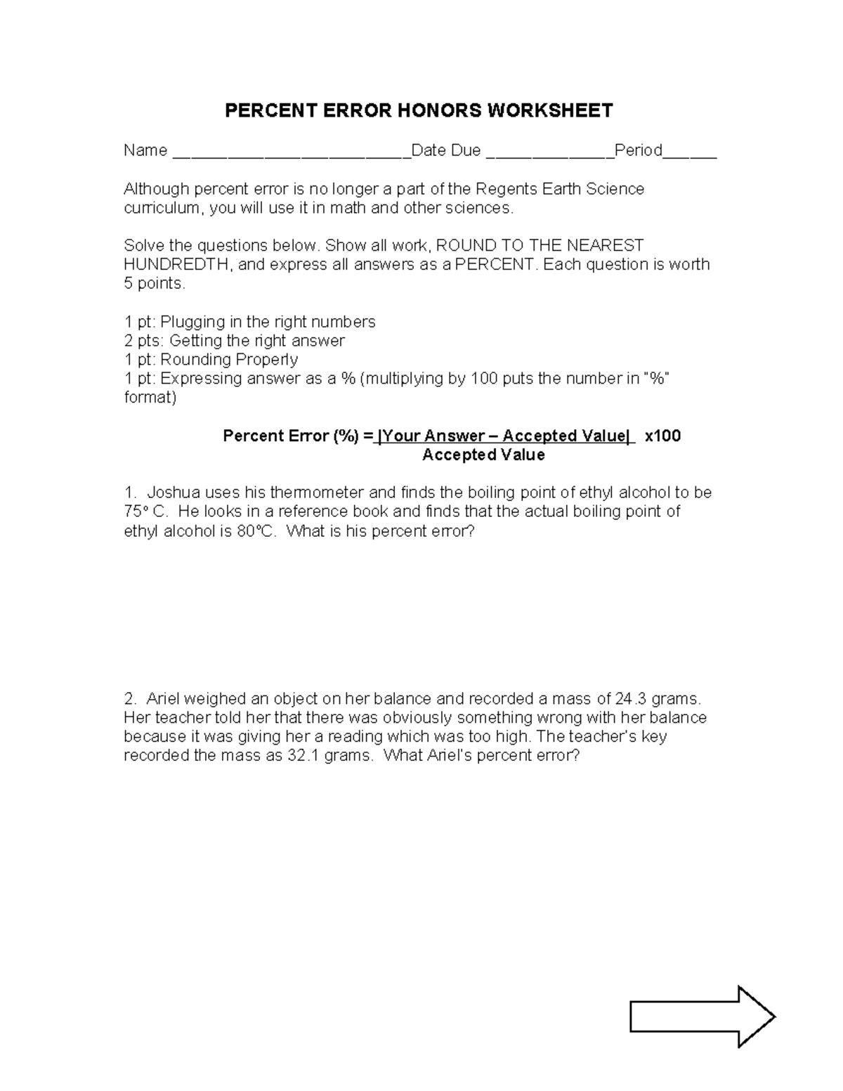 Percent Error Worksheet Option 2 - PERCENT ERROR HONORS WORKSHEET Name ...