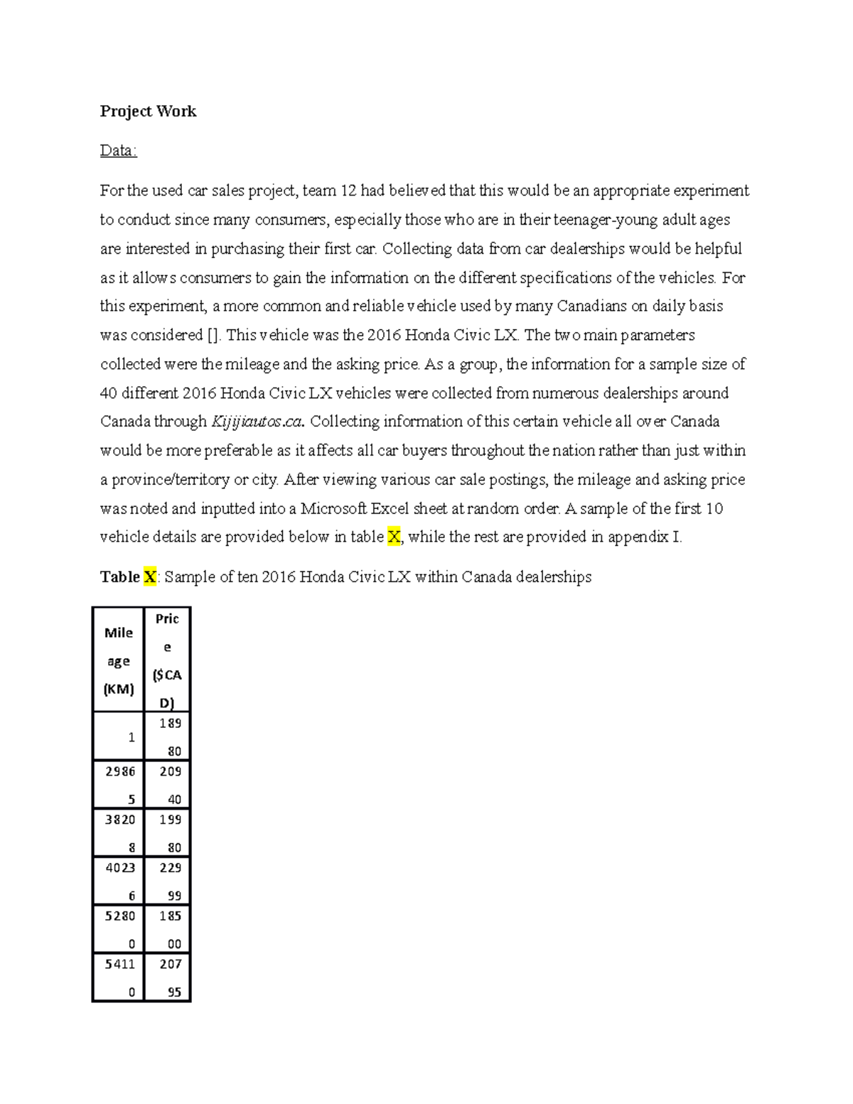 Project Work - Study Guide - Project Work Data: For the used car sales ...