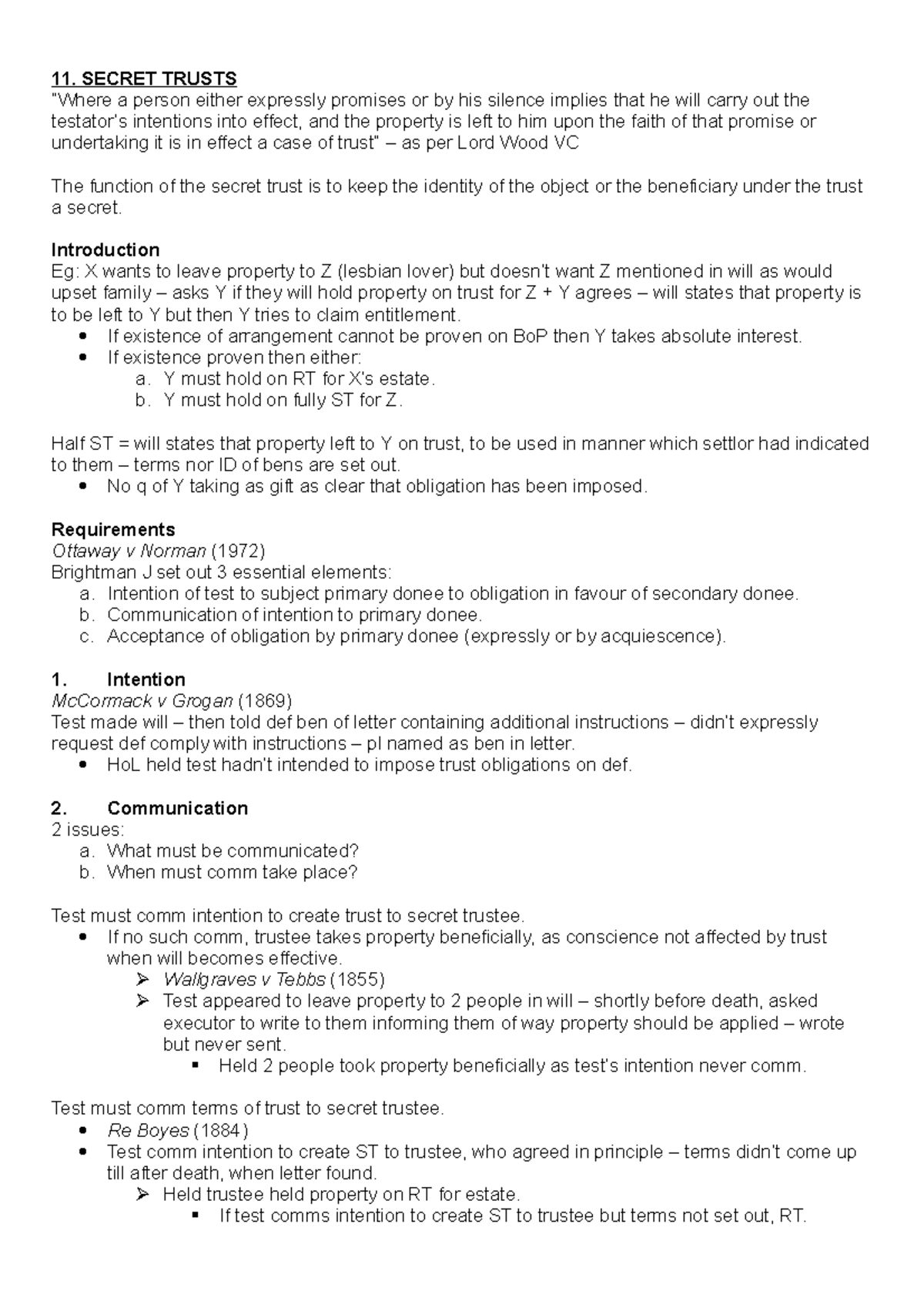 8 Secret Trusts summary notes from Equity course - 11. SECRET TRUSTS ...