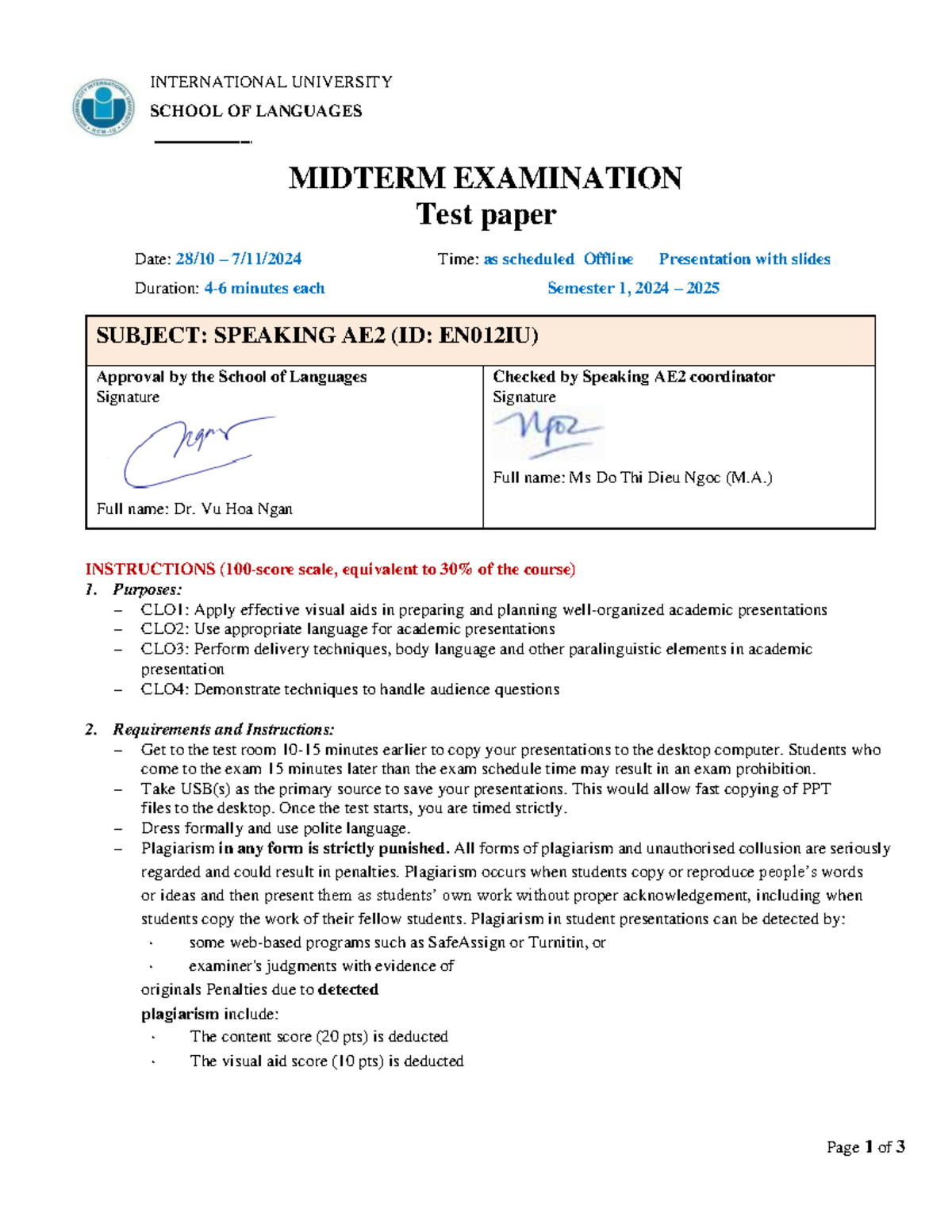 Speaking AE2 Midterm 2425S1 Topic and Instructions - Signed-Copy - Page 1 of 3 INTERNATIONAL ...