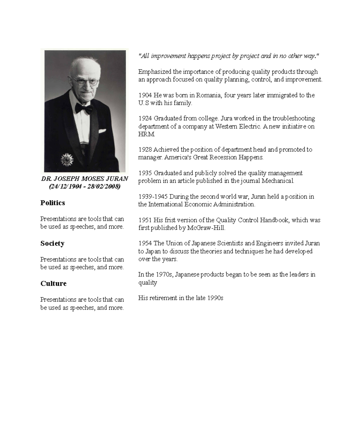 Joseph M. Juran and his philosophy of qualiy management - DR. JOSEPH ...