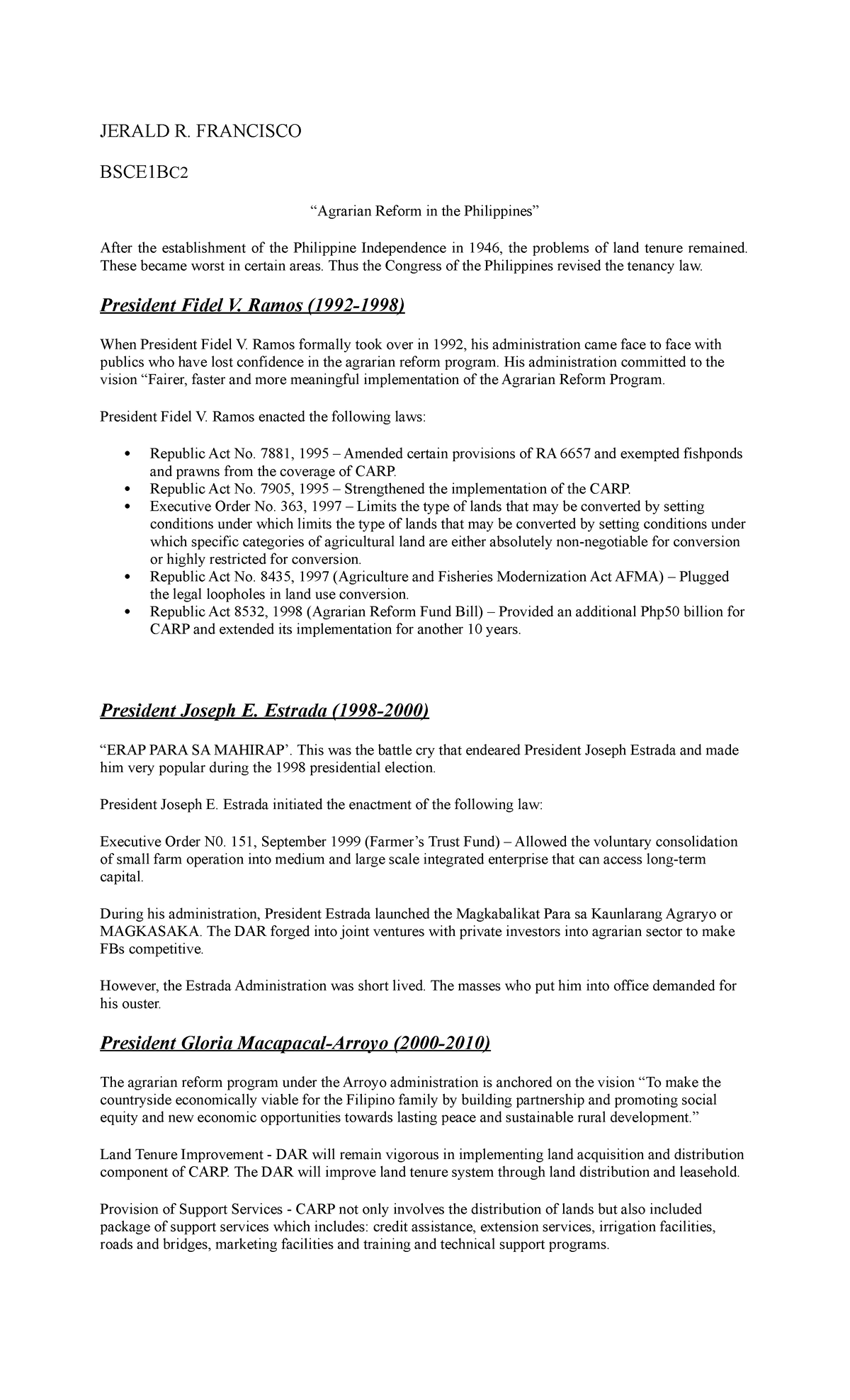 Agrarian Reform in the Philippines Francisco, Jerald CE1B - Civil ...