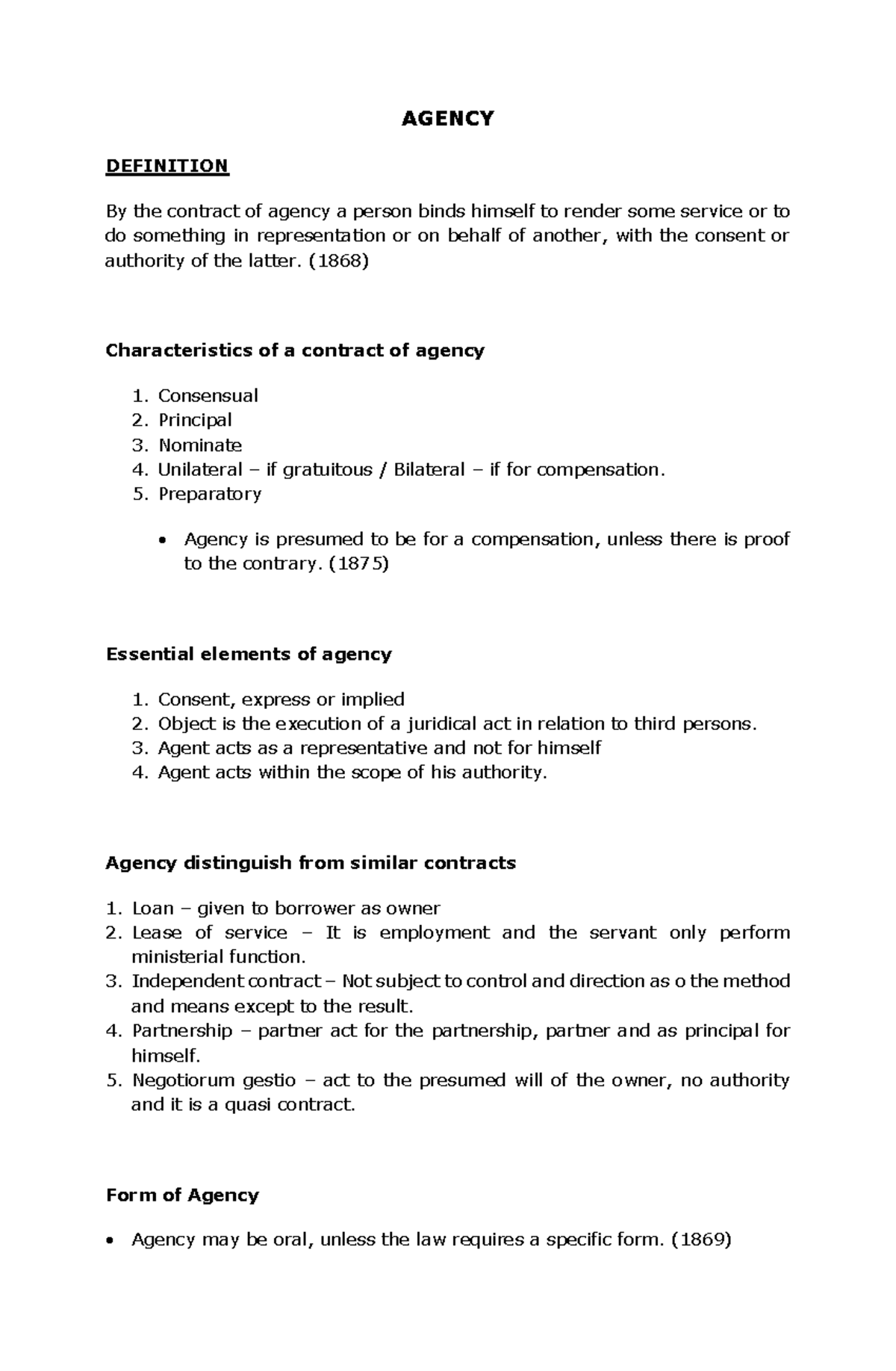 Notes for Agency - AGENCY DEFINITION By the contract of agency a person ...