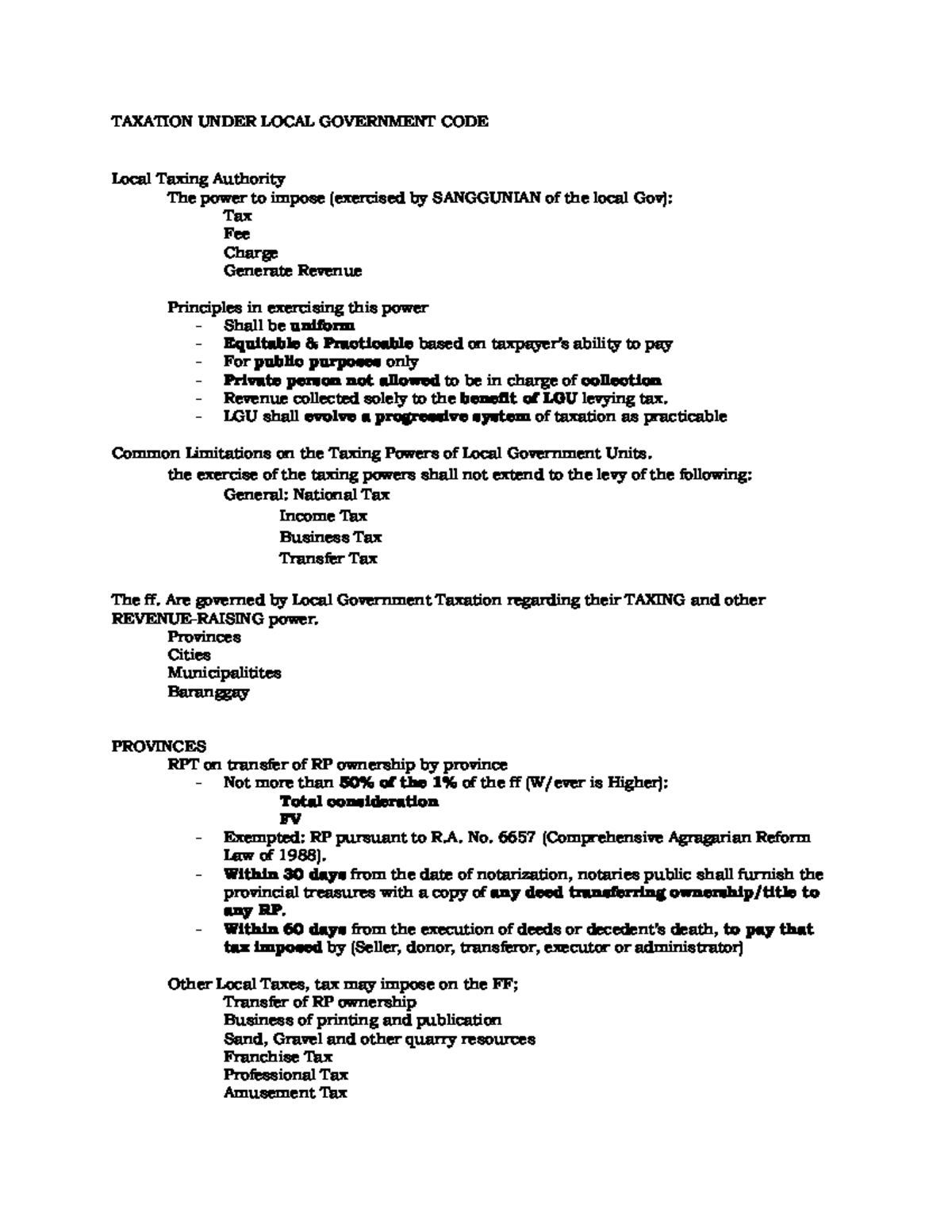 LGU - qwejjejiw - TAXATION UNDER LOCAL GOVERNMENT CODE Local Taxing ...