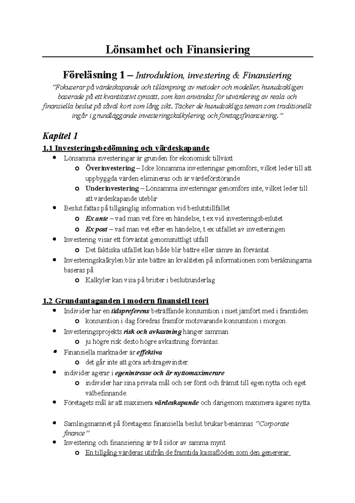 Lönsamhet och Finansiering - Lönsamhet och Finansiering Föreläsning 1 ...