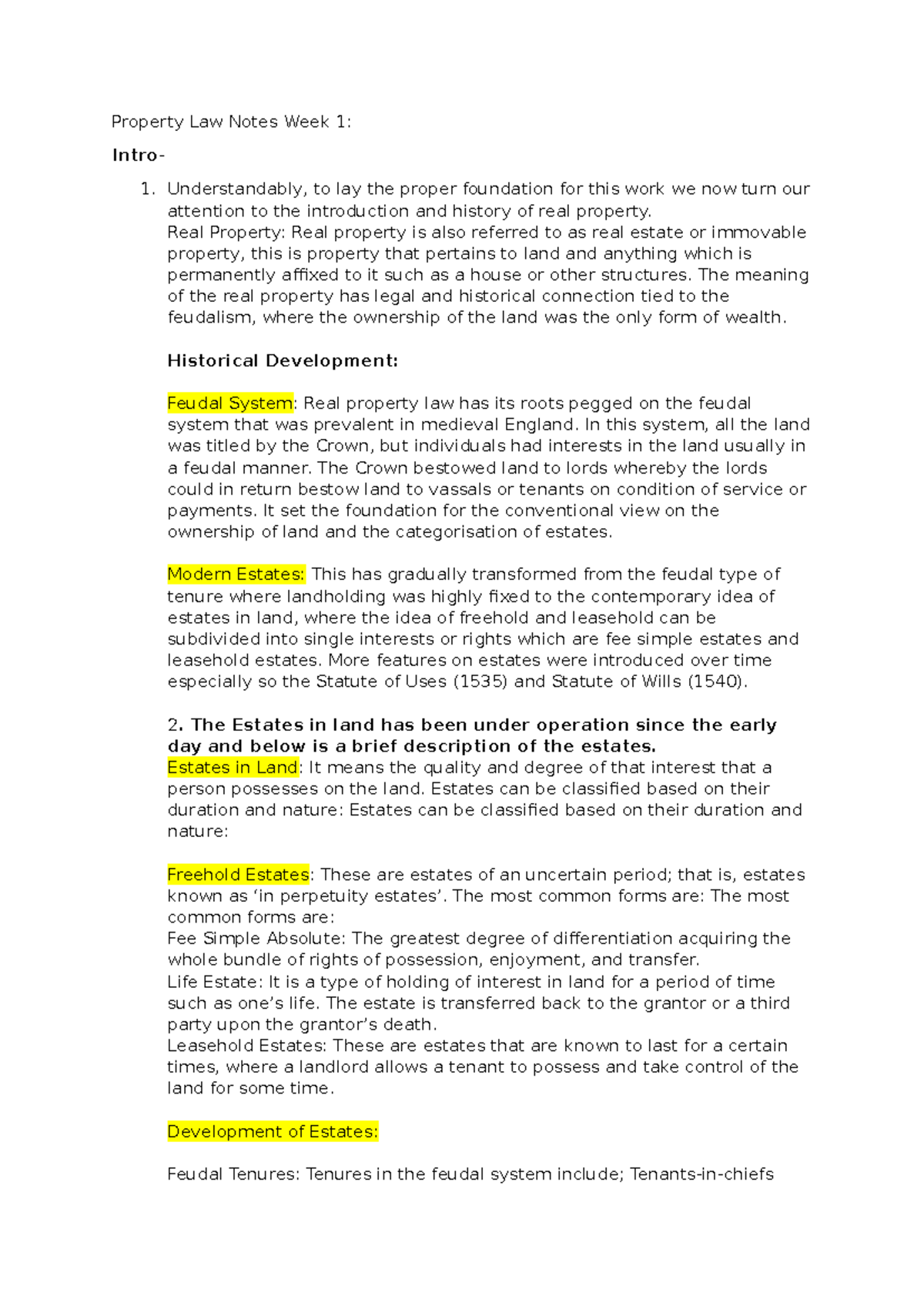 Real Property Notes - Property Law Notes Week 1: Intro- 1 ...