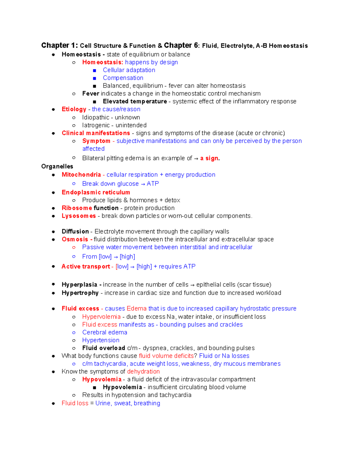Patho CH 1, 2, 12, 13, 14 - Chapter 1: Cell Structure & Function & Chapter 6 : Fluid, - Studocu