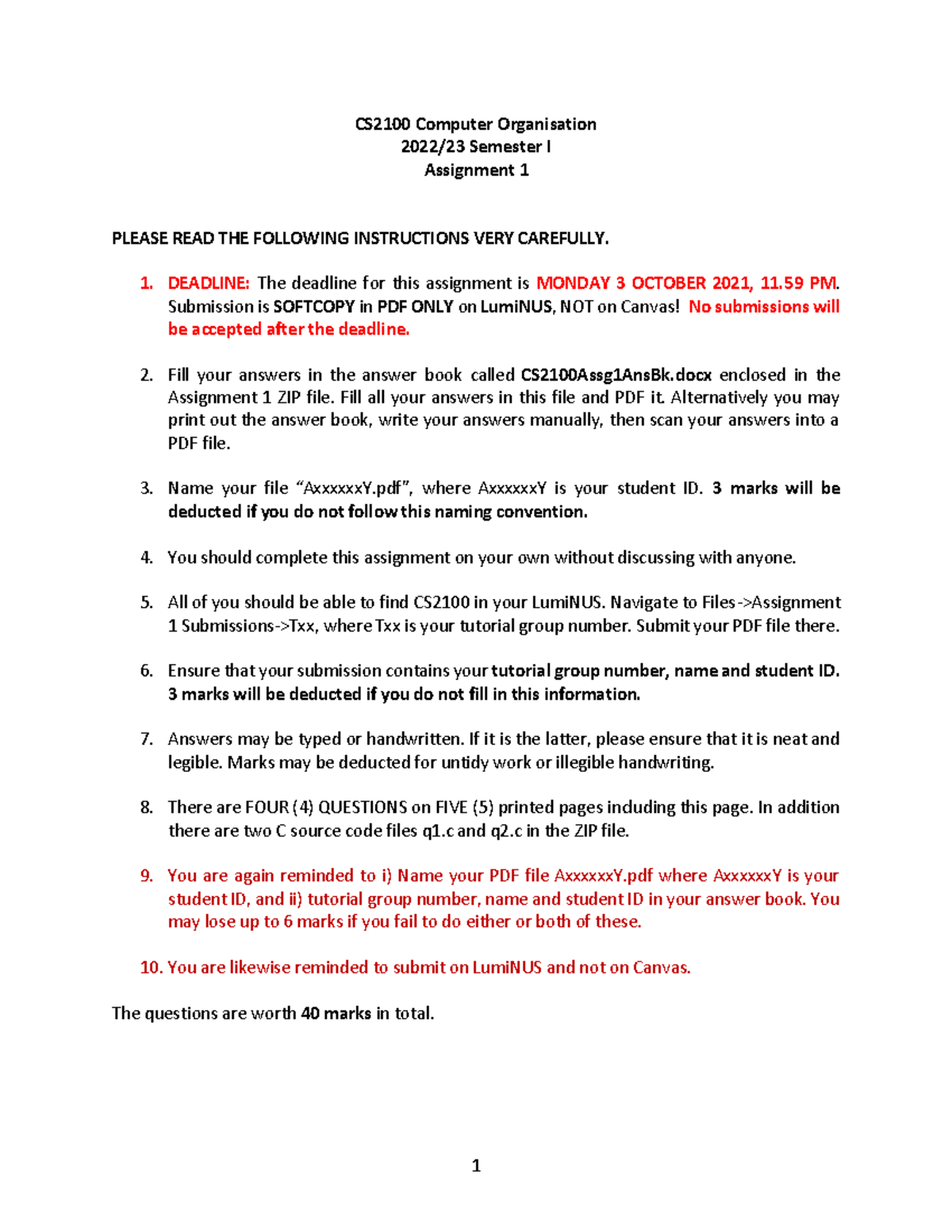 CS2100 Assg1 - CS2100 Computer Organisation 2022/23 Semester I ...