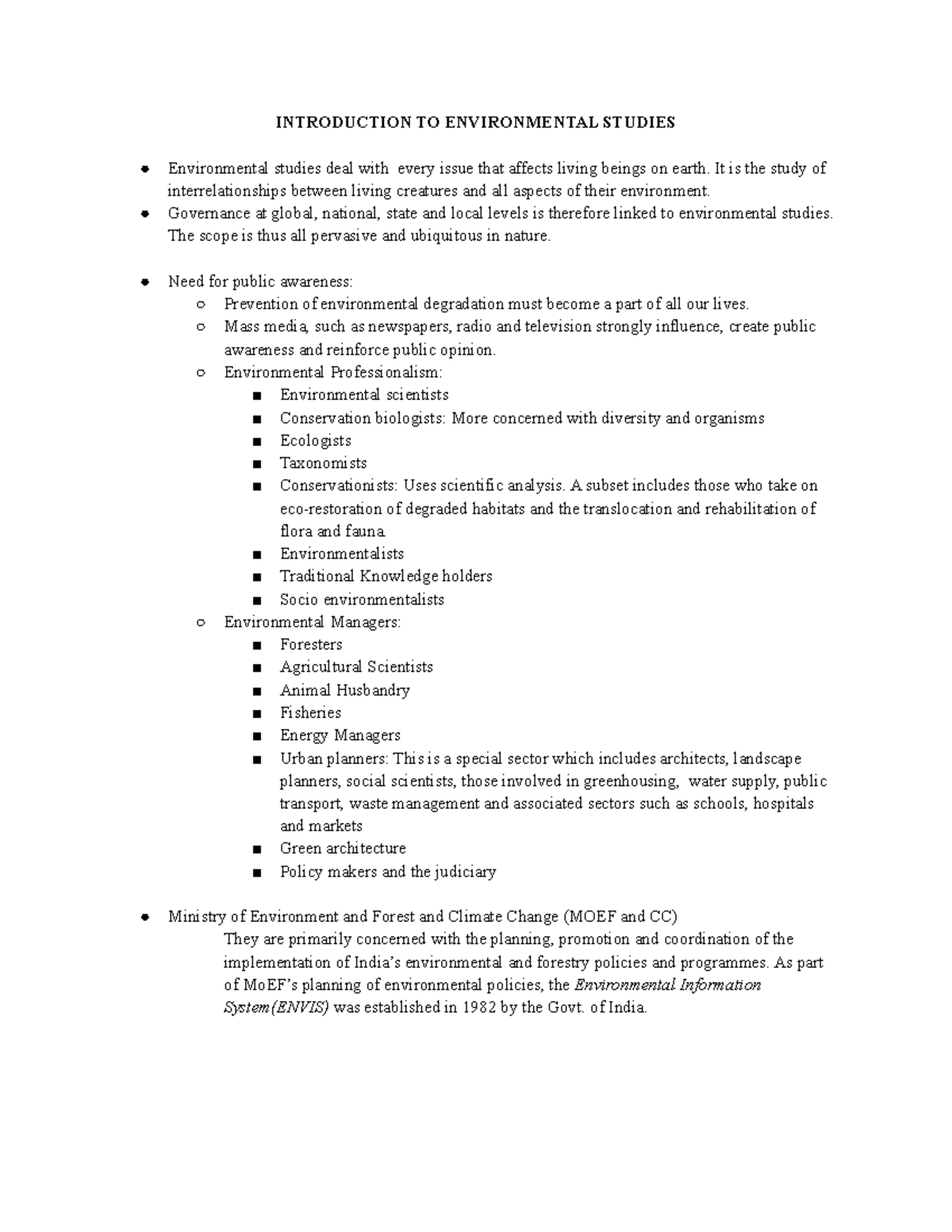 EVS Doc Introduction - class notes - INTRODUCTION TO ENVIRONMENTAL ...