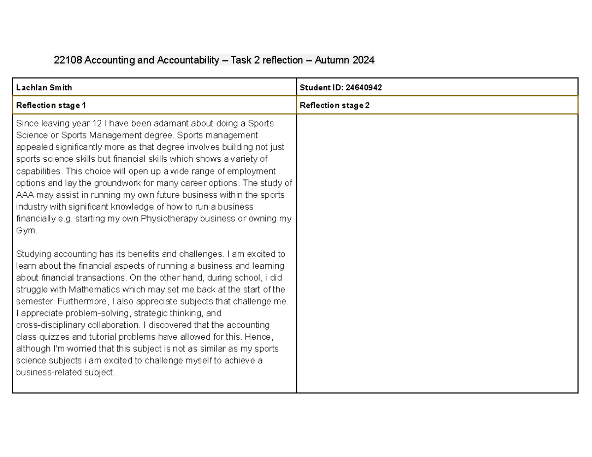 22108 Accounting and Accountability – Task 2 reflection – Autumn 2024 - 22108 Accounting and ...