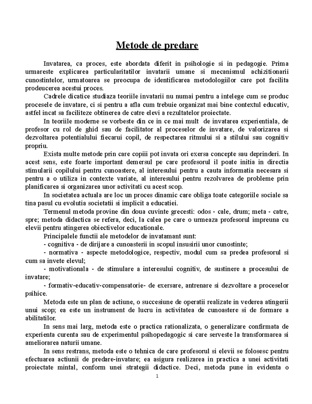 Metode de predare - document generic - Metode de predare Invatarea, ca ...