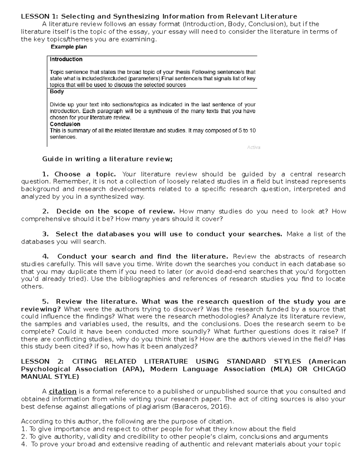 Lesson 1 Review OF Related Literature - LESSON 1: Selecting and ...