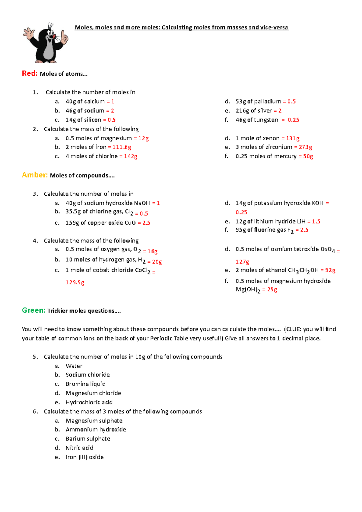 Moles and mass differentiated questions MS - Moles, moles and more ...
