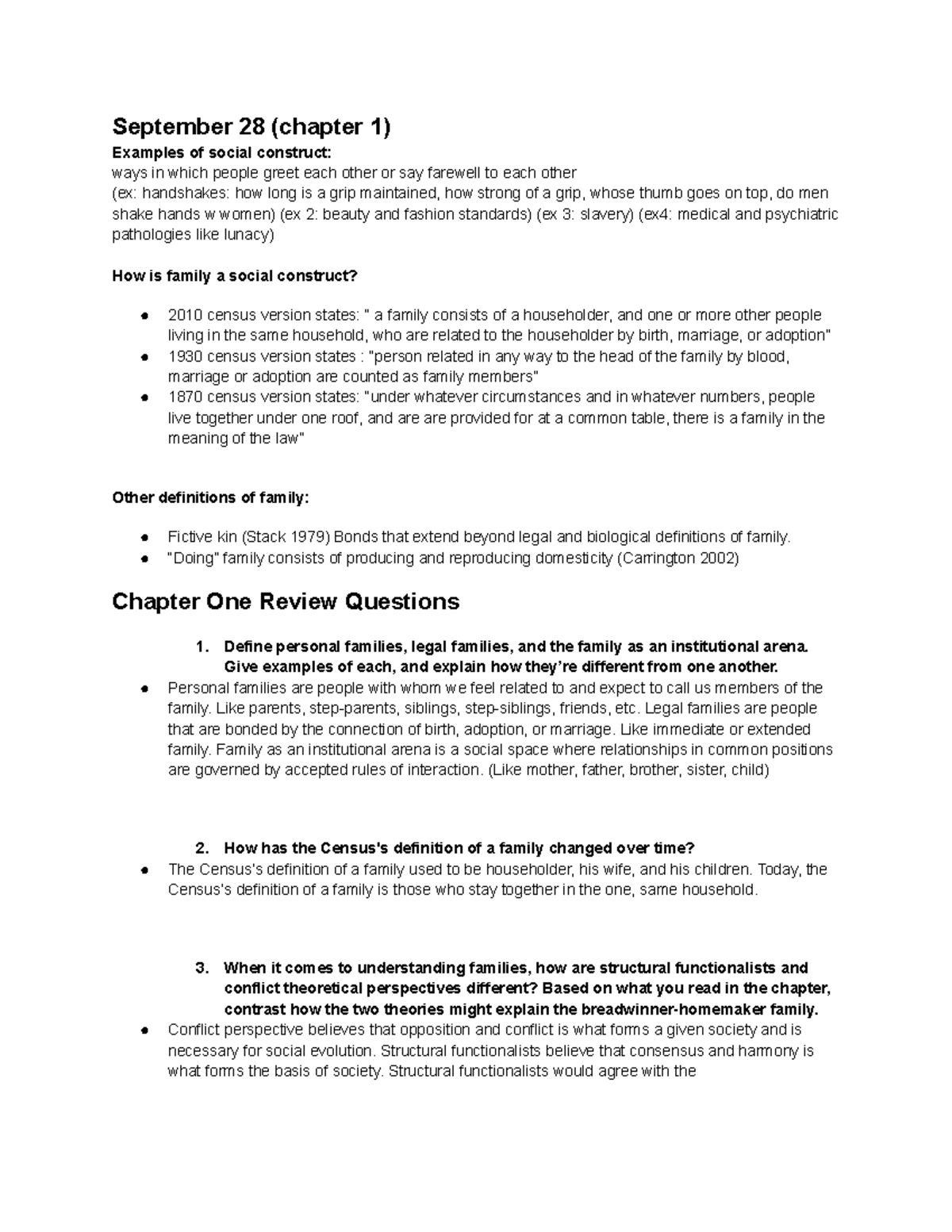 Contemporary Families Chapter One Notes and Questions - September 28 ...
