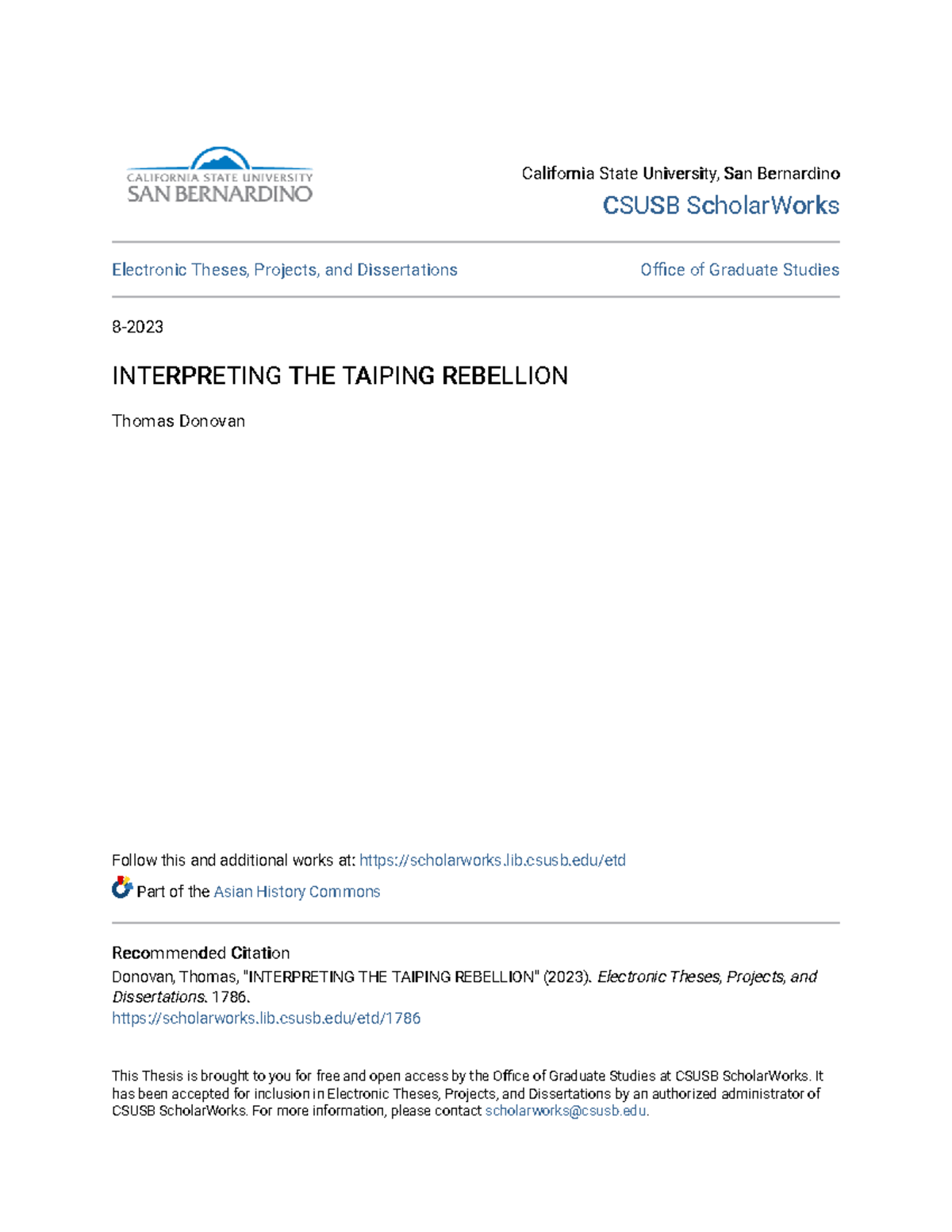Interpreting THE Taiping Rebellion - California State University, San ...