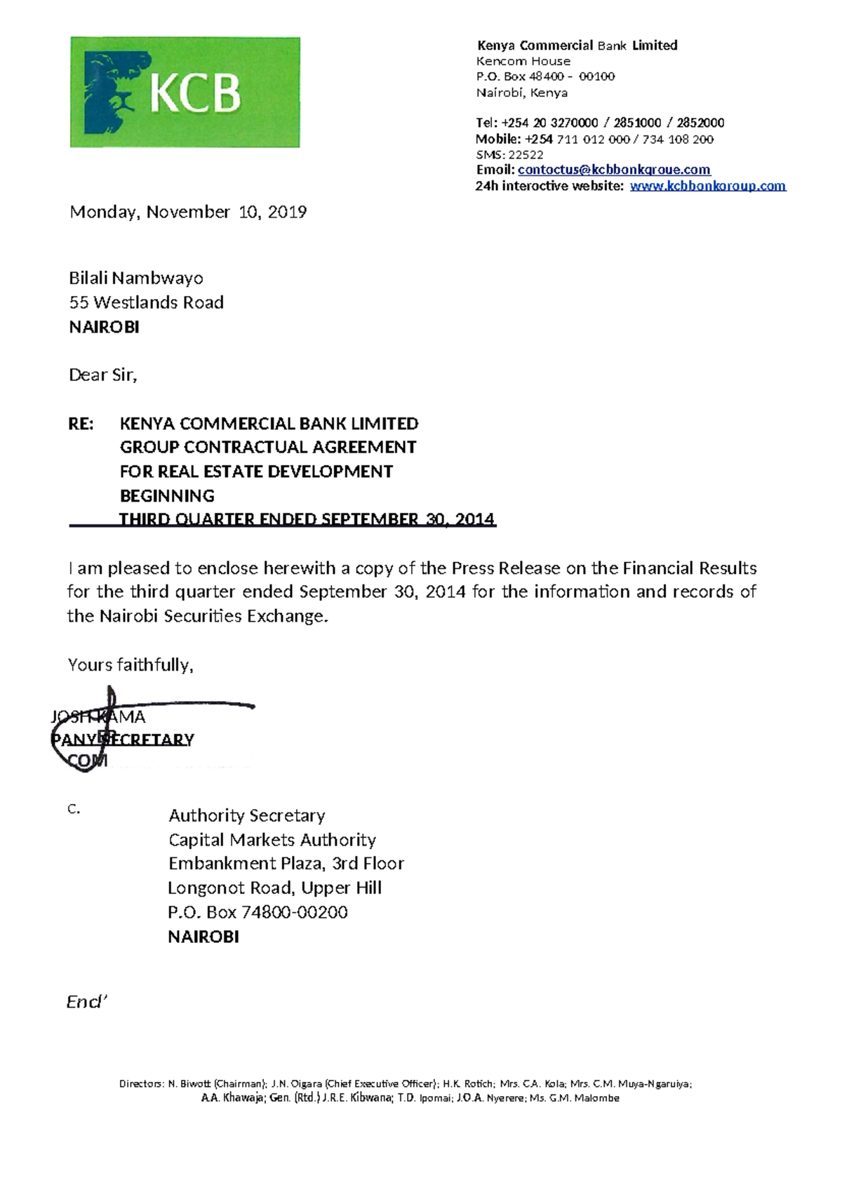 Ke kcb 2014 ir q3 - study materials - JOSH KAMA PANY SECRETARY Monday ...