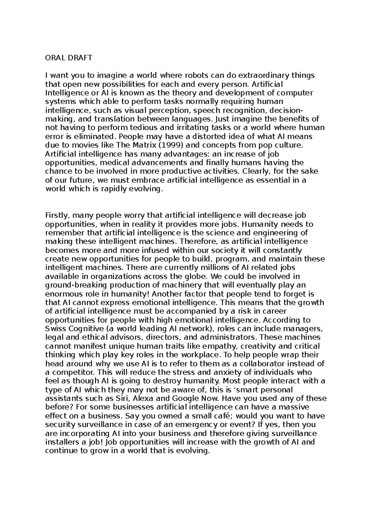 ORAL Draft - Oral presentation on artificial intelligence - ORAL DRAFT ...