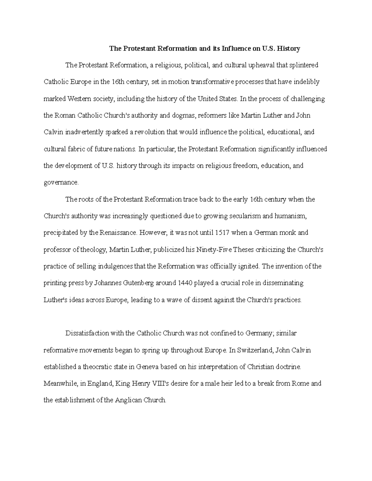Apush The Protestant Reformation and its influence on the US History ...
