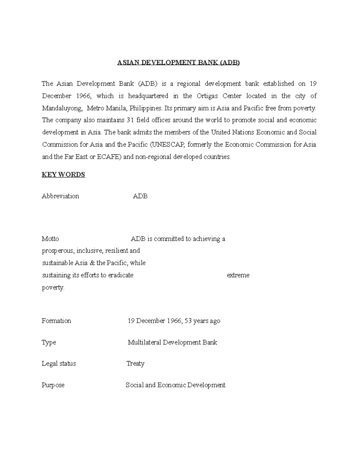 Asian Development BANK - ASIAN DEVELOPMENT BANK (ADB) The Asian ...