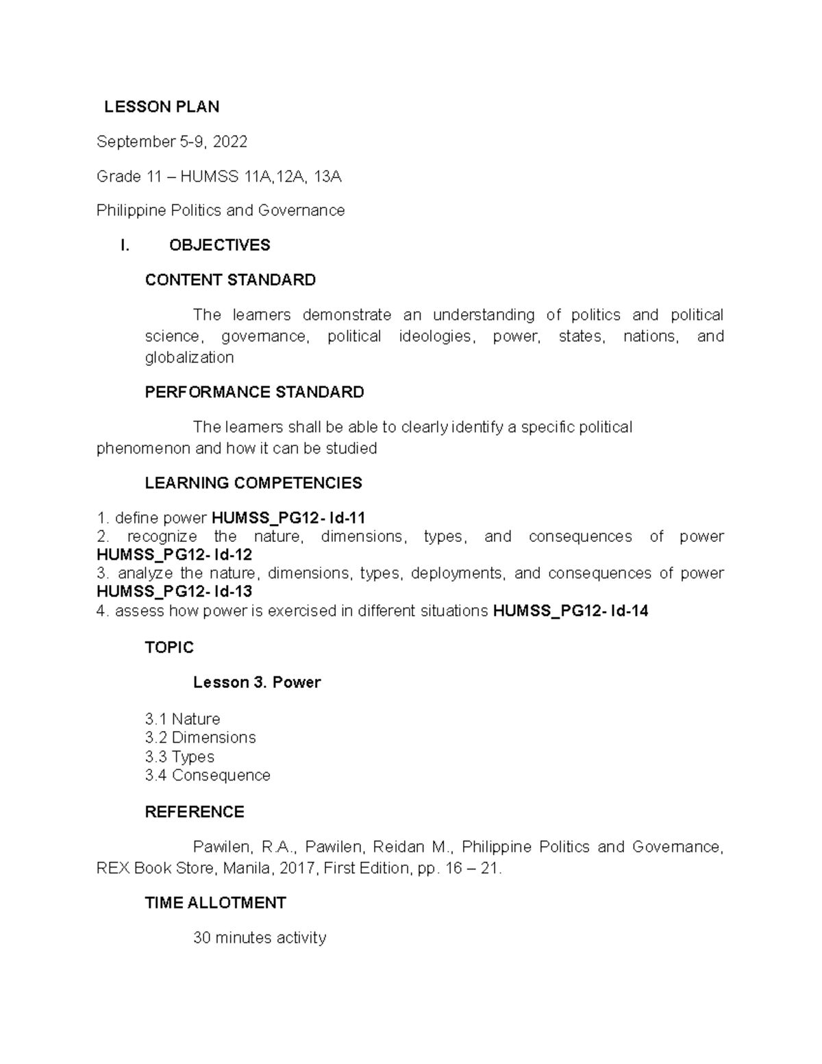 Lesson-PLAN-3- Power 3 - LESSON PLAN September 5-9, 2022 Grade 11 ...