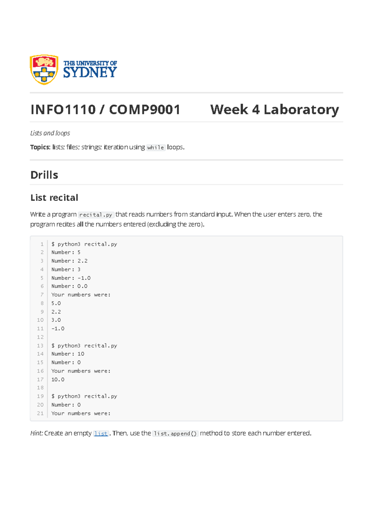 Week 4 - Lists and loops - lab sheet - INFO1110 / COMP9001 Week 4 ...