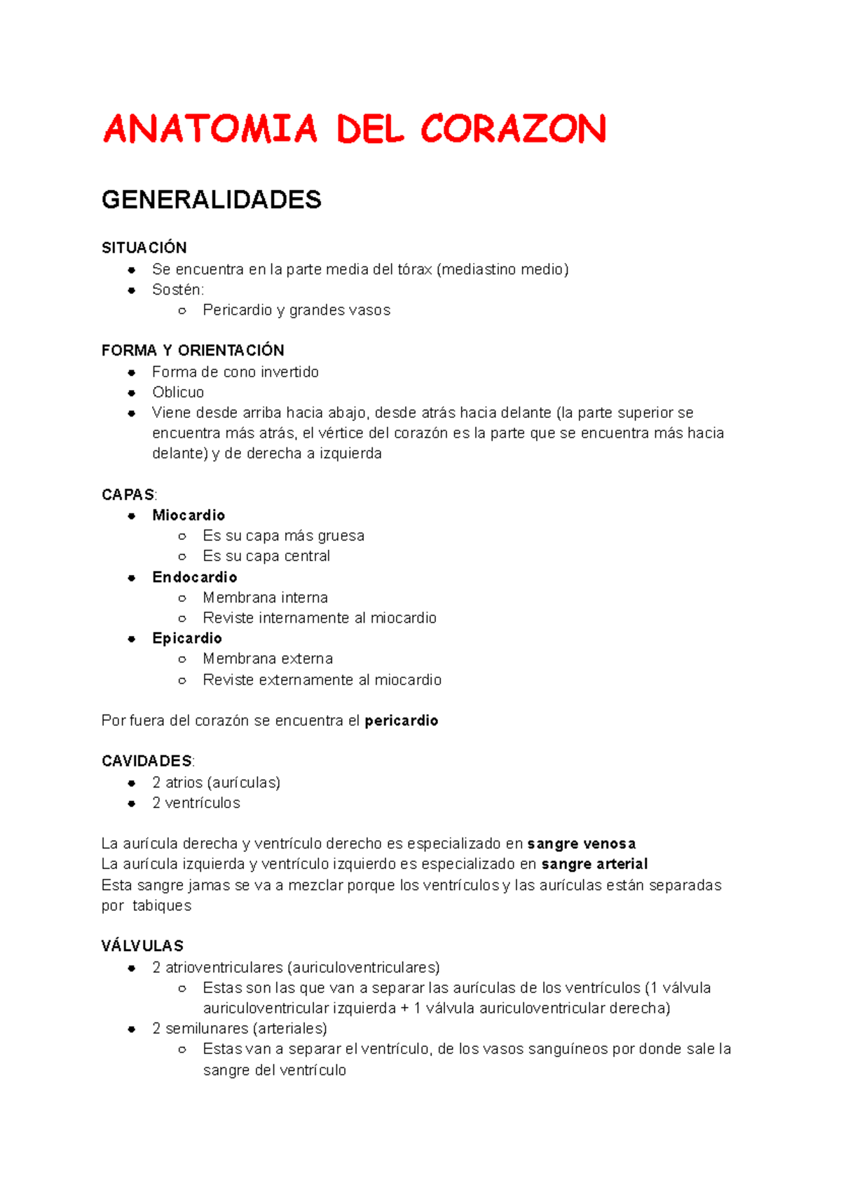 Anatomia DEL Corazon - ANATOMIA DEL CORAZON GENERALIDADES SITUACIÓN Se encuentra en la parte ...