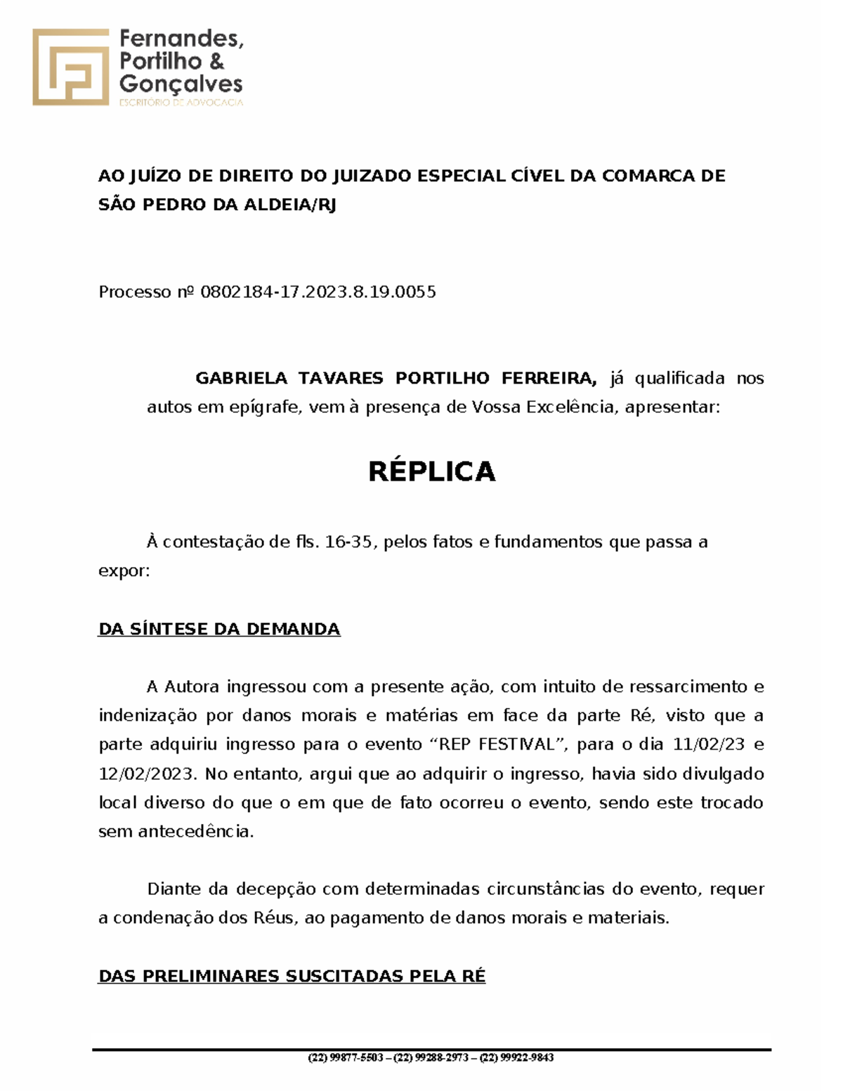 Réplica Gabriela - REP Festival - AO JUÍZO DE DIREITO DO JUIZADO ...
