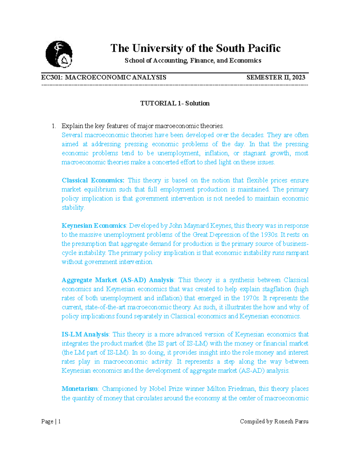 Tutorial 1 2023- solution - The University of the South Pacific School ...