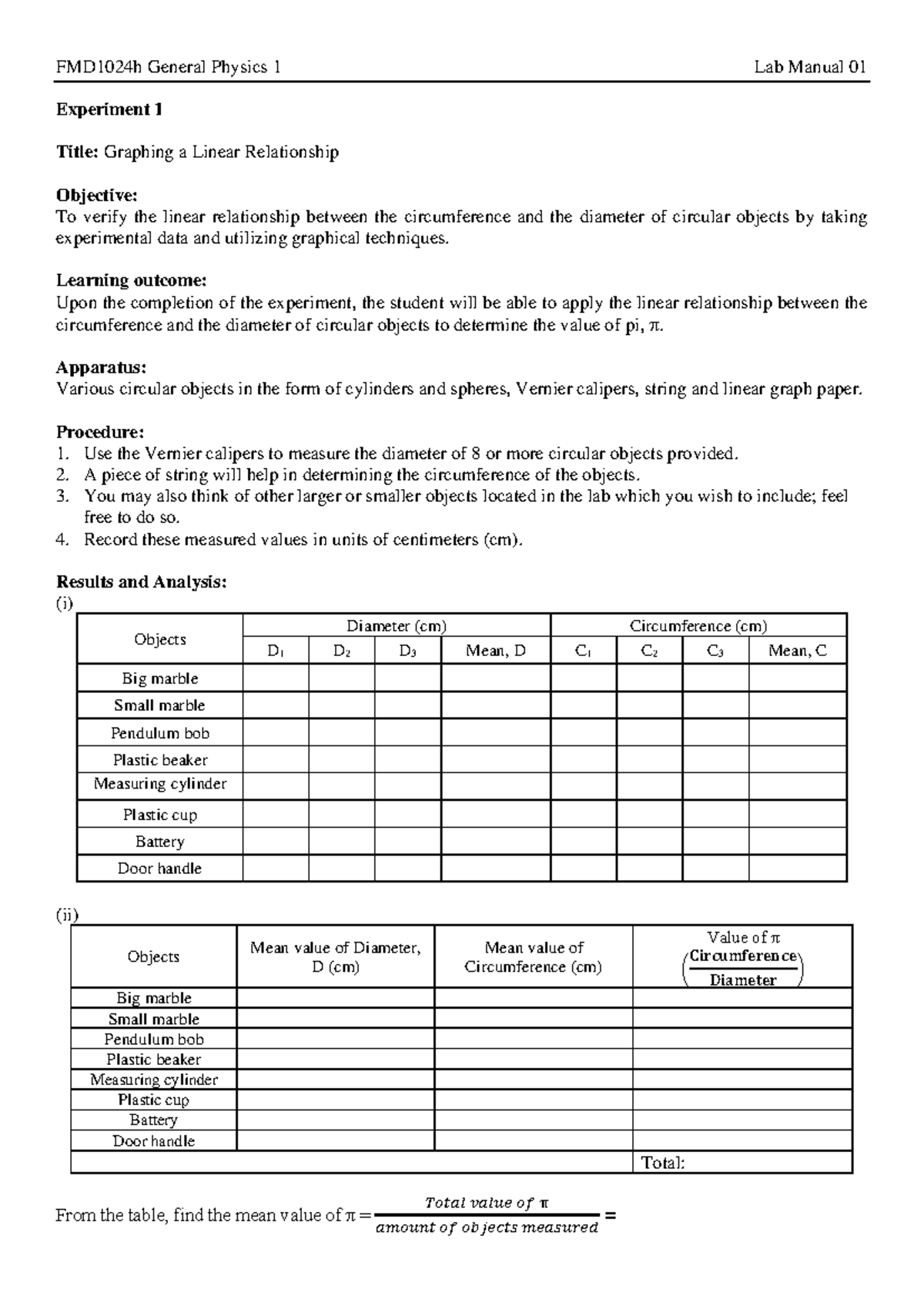Experiment 1 - Materials for Foundation in Science - FMD1024h General Physics 1 Lab Manual 01 ...