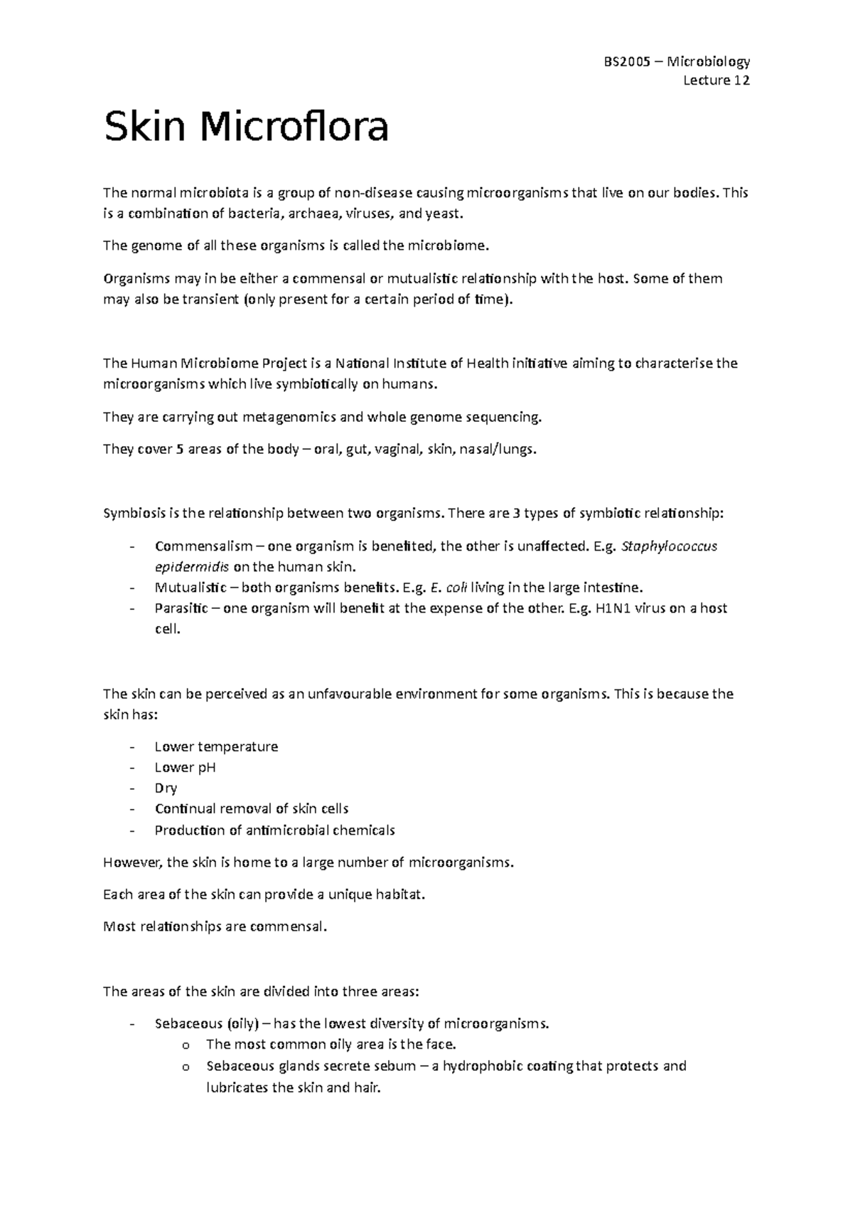 12 - Skin Microflora - BS2005 – Microbiology Lecture 12 Skin Microflora ...