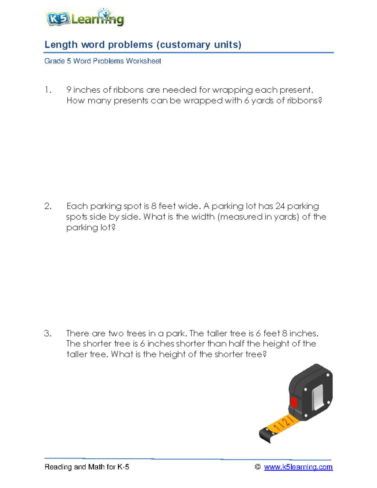 Grade 5 length word problems a - Reading and Math for K- 5 © k5learning ...