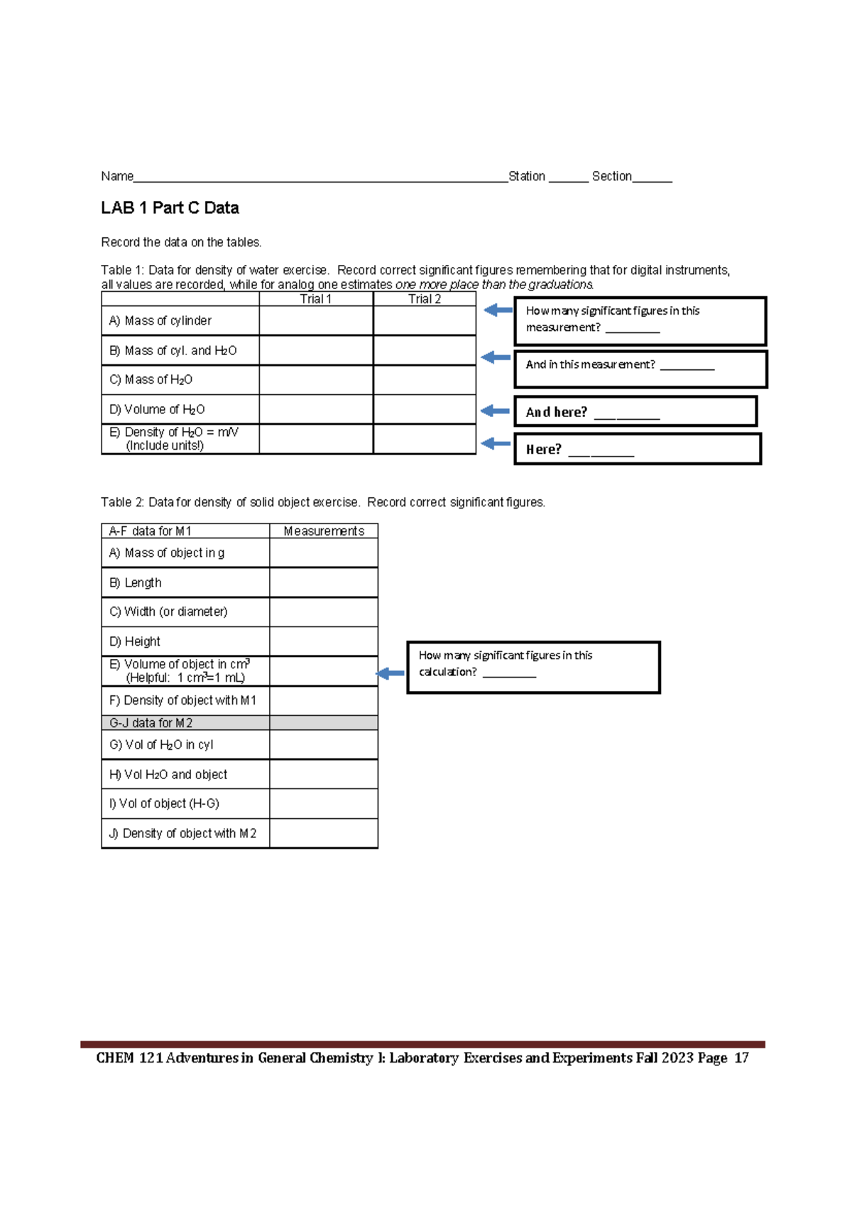 chemistry lab, density and volume - CHEM 121 Adventures in General ...