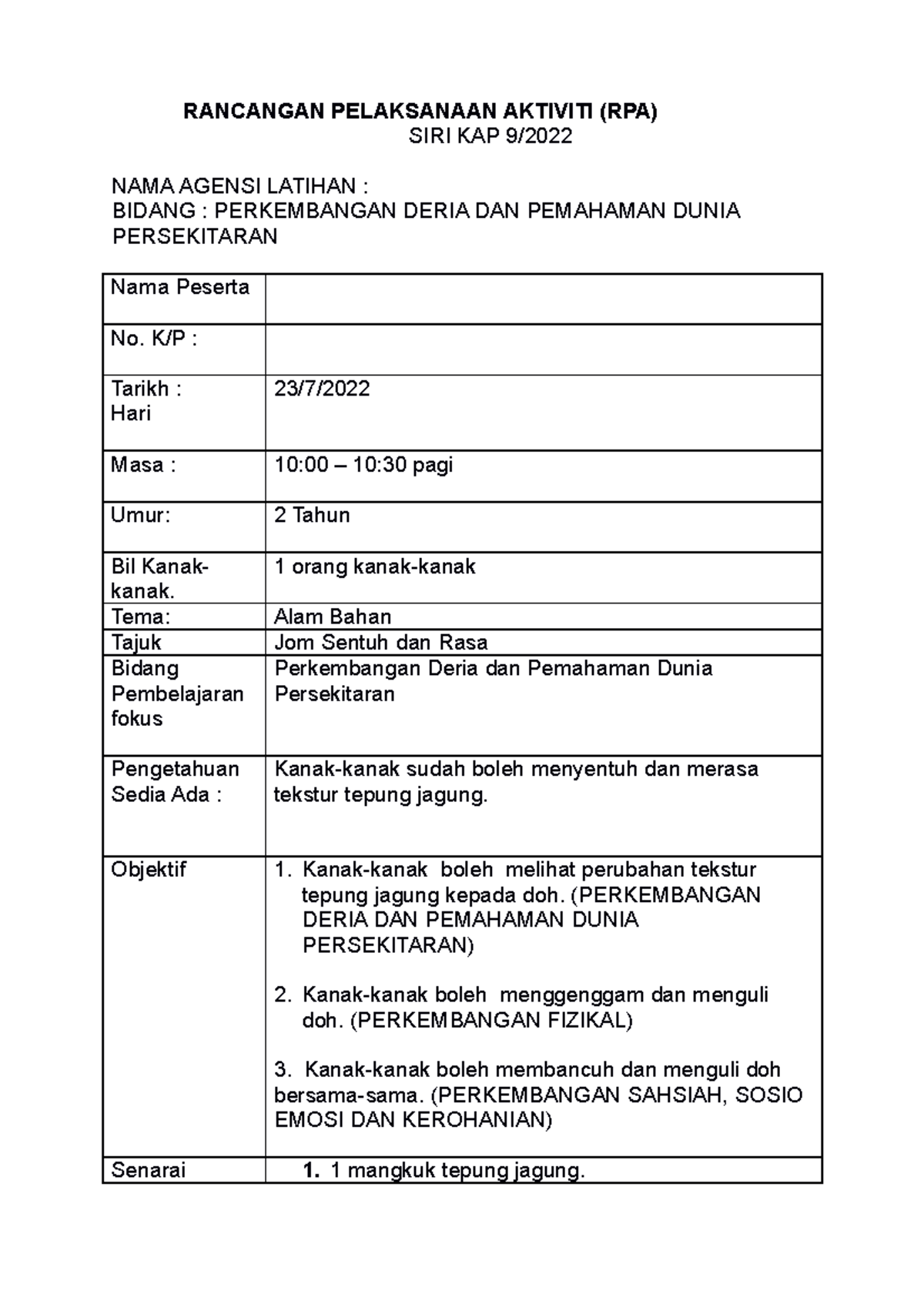 RPA DPDP - tete - RANCANGAN PELAKSANAAN AKTIVITI (RPA) SIRI KAP 9/ NAMA AGENSI LATIHAN : BIDANG ...