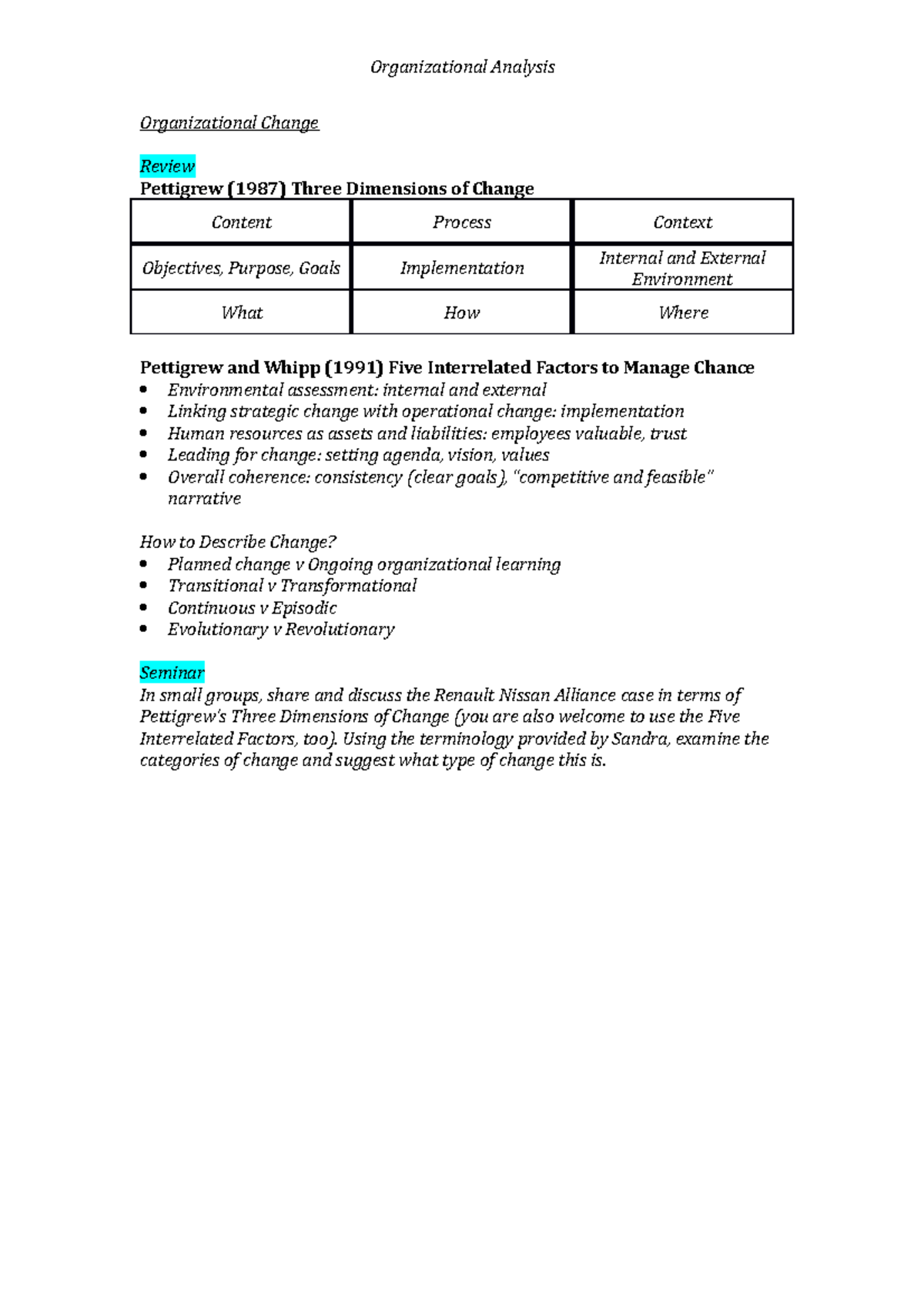 8. Organizational Change - Organizational Analysis Organizational ...