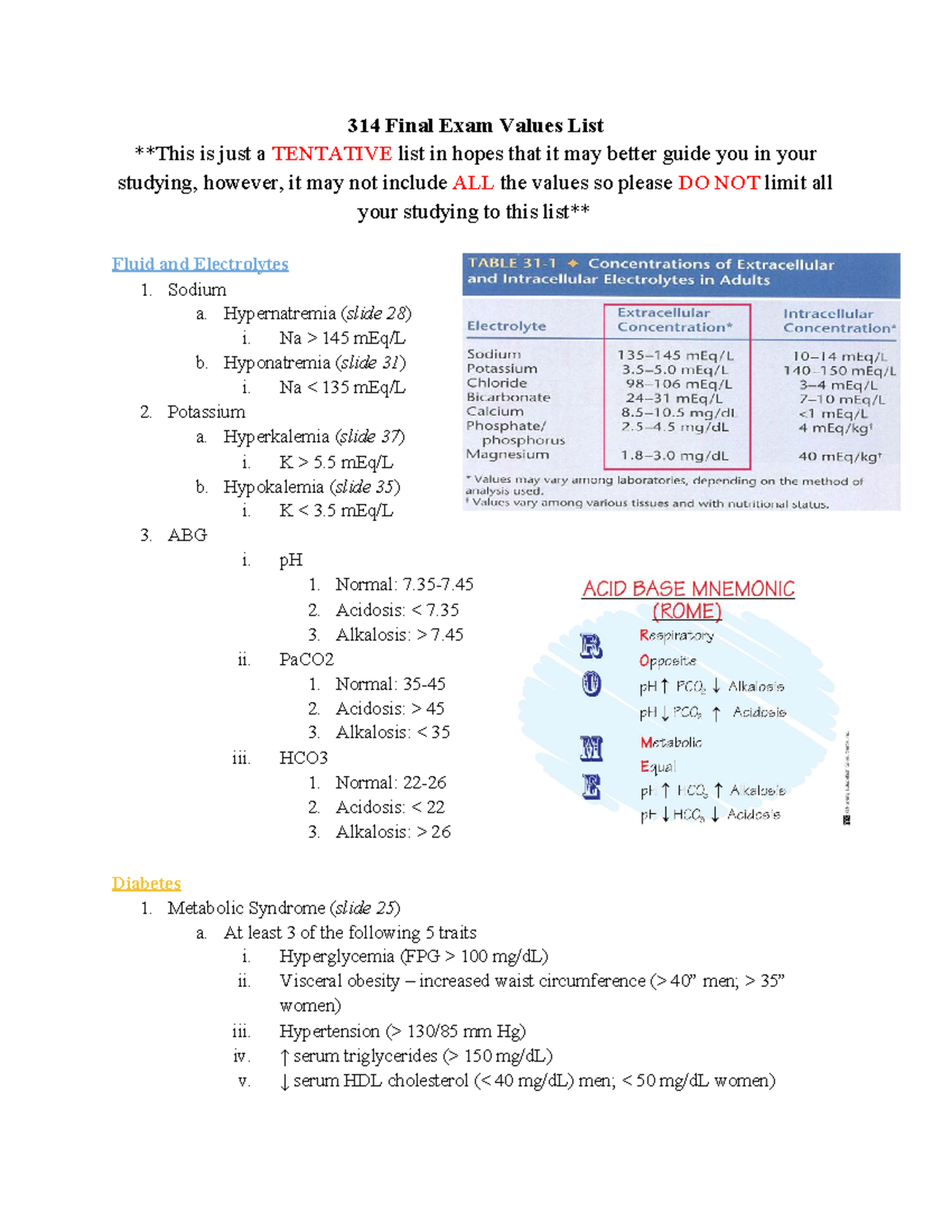 314 Final Exam Values - Study Guide - 314 Final Exam Values List **This ...
