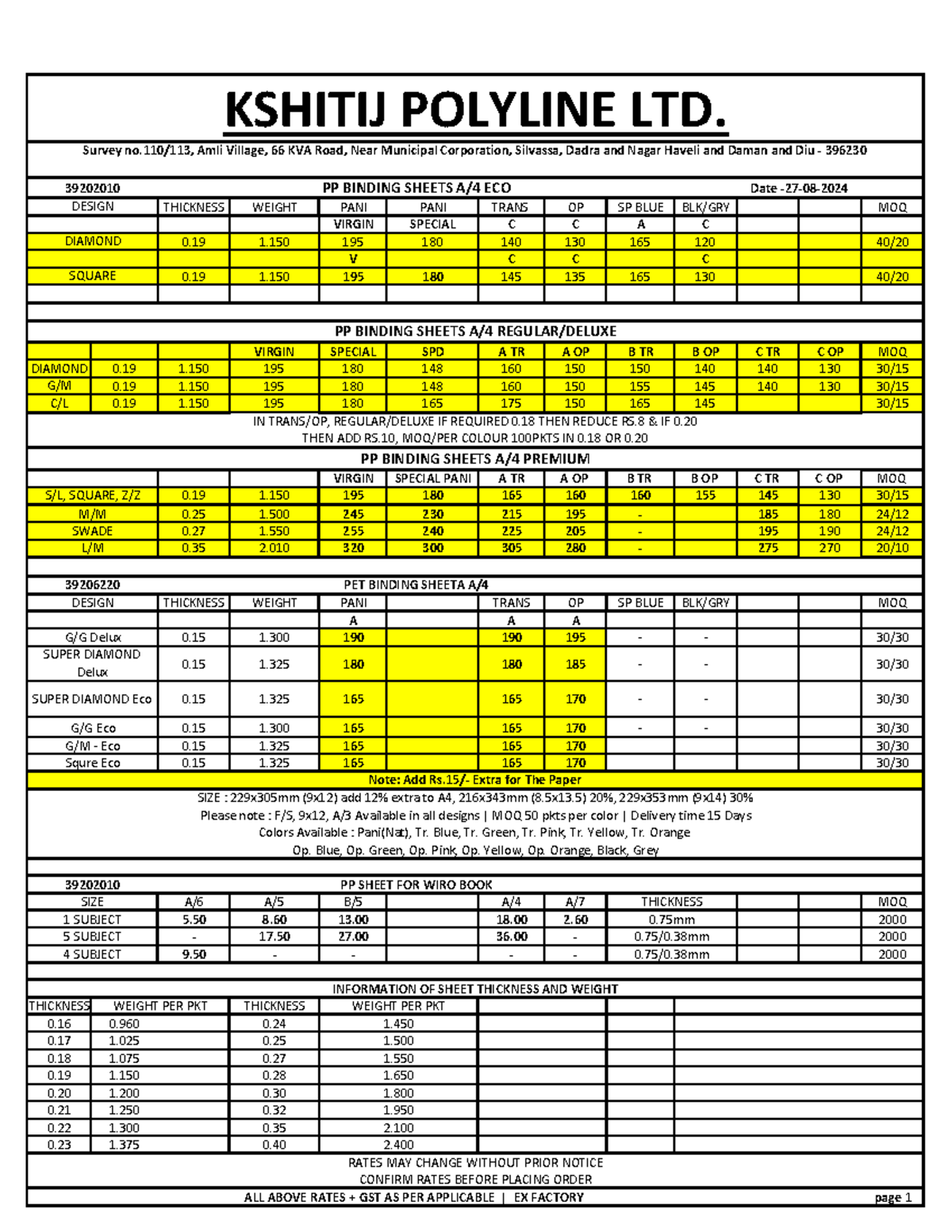 Price List 27-08-2024 - Project topic - THICKNESS WEIGHT PANI PANI ...