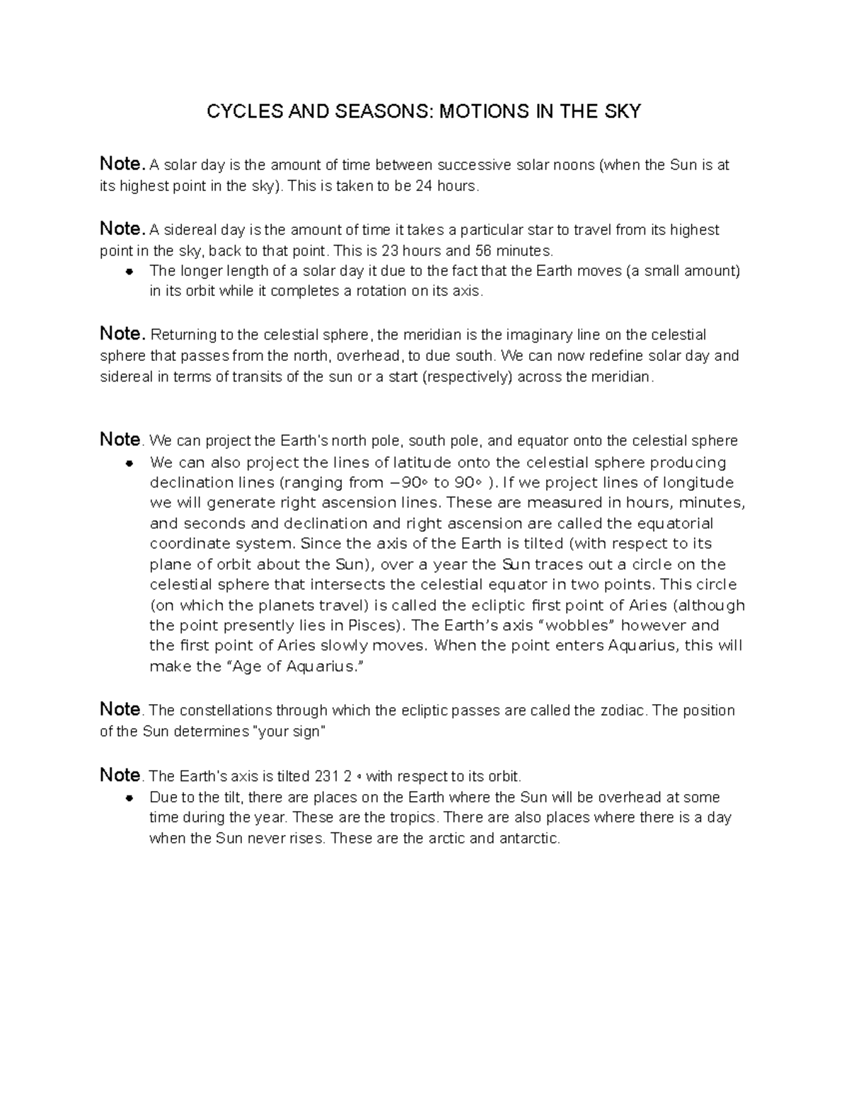 Astronomy Chapter 2 Notes Cycles and Seasons Motions in the Sky ...