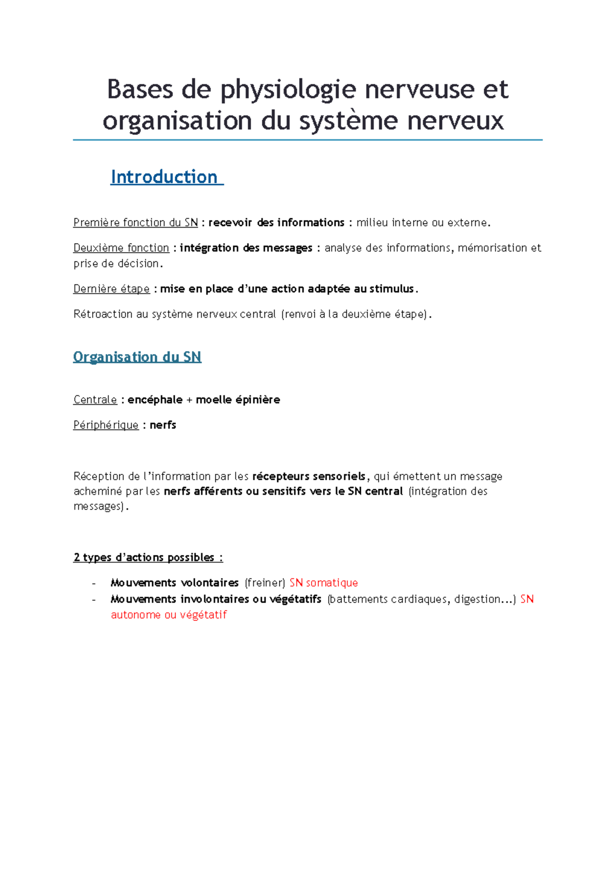 Bases de physiologie nerveuse et organisation du système nerveux - Physiologie Animale - Studocu