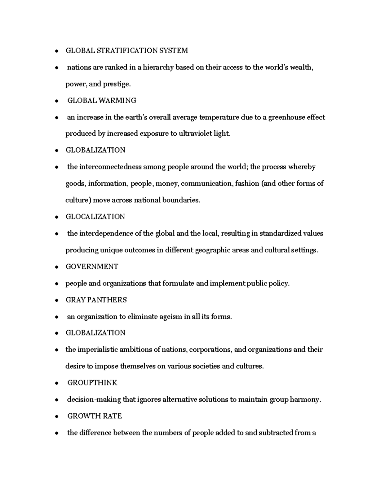 Glossary - GLOBAL STRATIFICATION SYSTEM nations are ranked in a ...